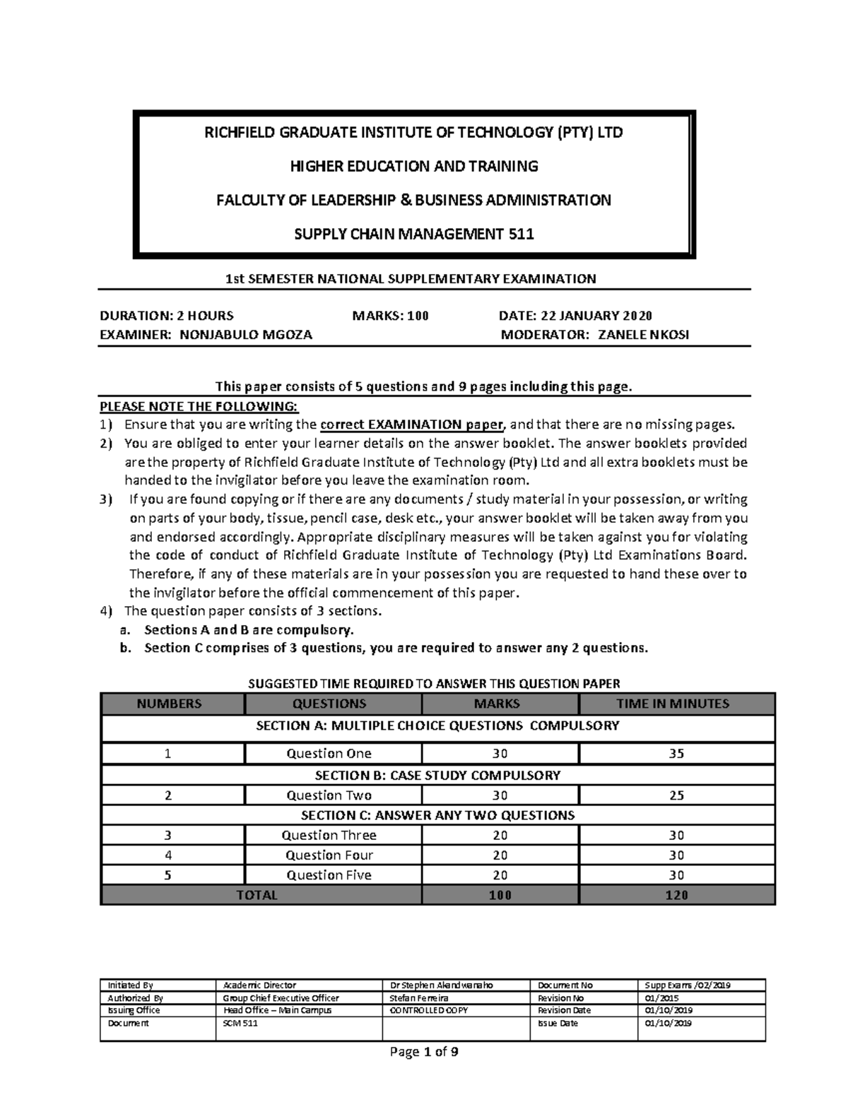 Supply Chain Management 511 Supp Exam Paper - Initiated By Academic ...