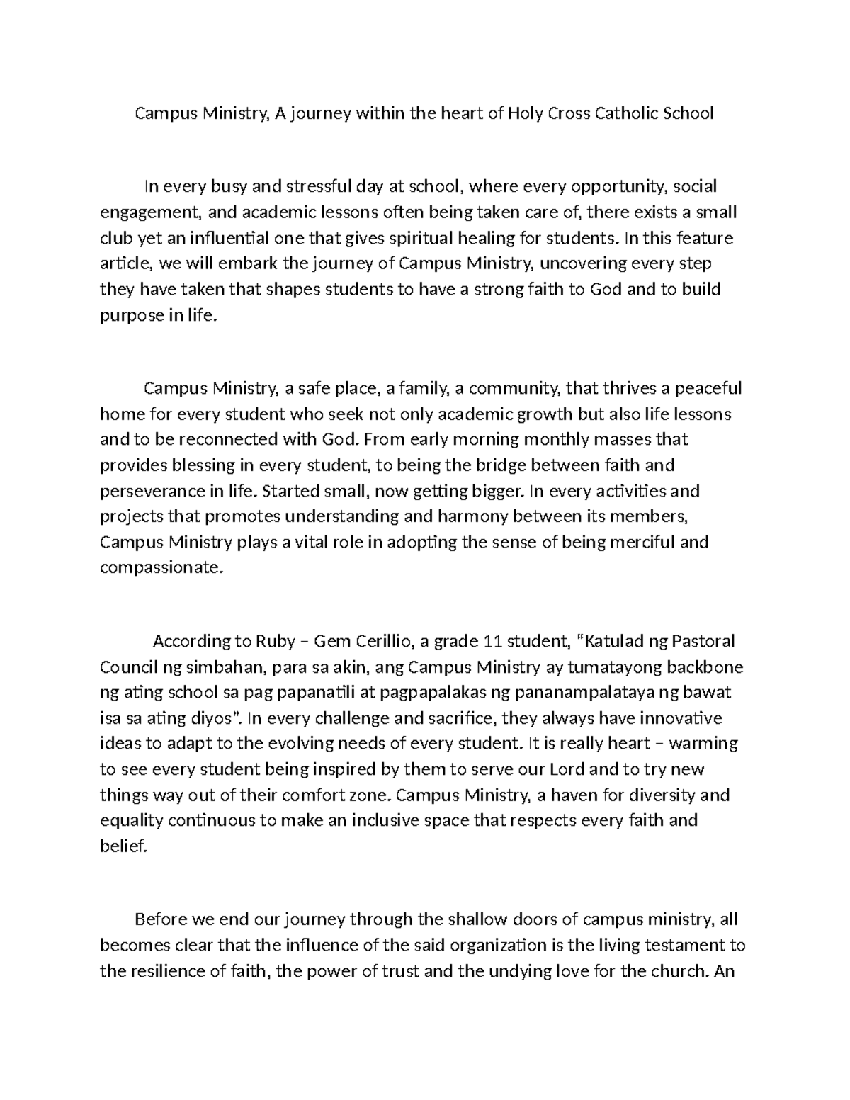 Feature Article - example - Campus Ministry, A journey within the heart ...