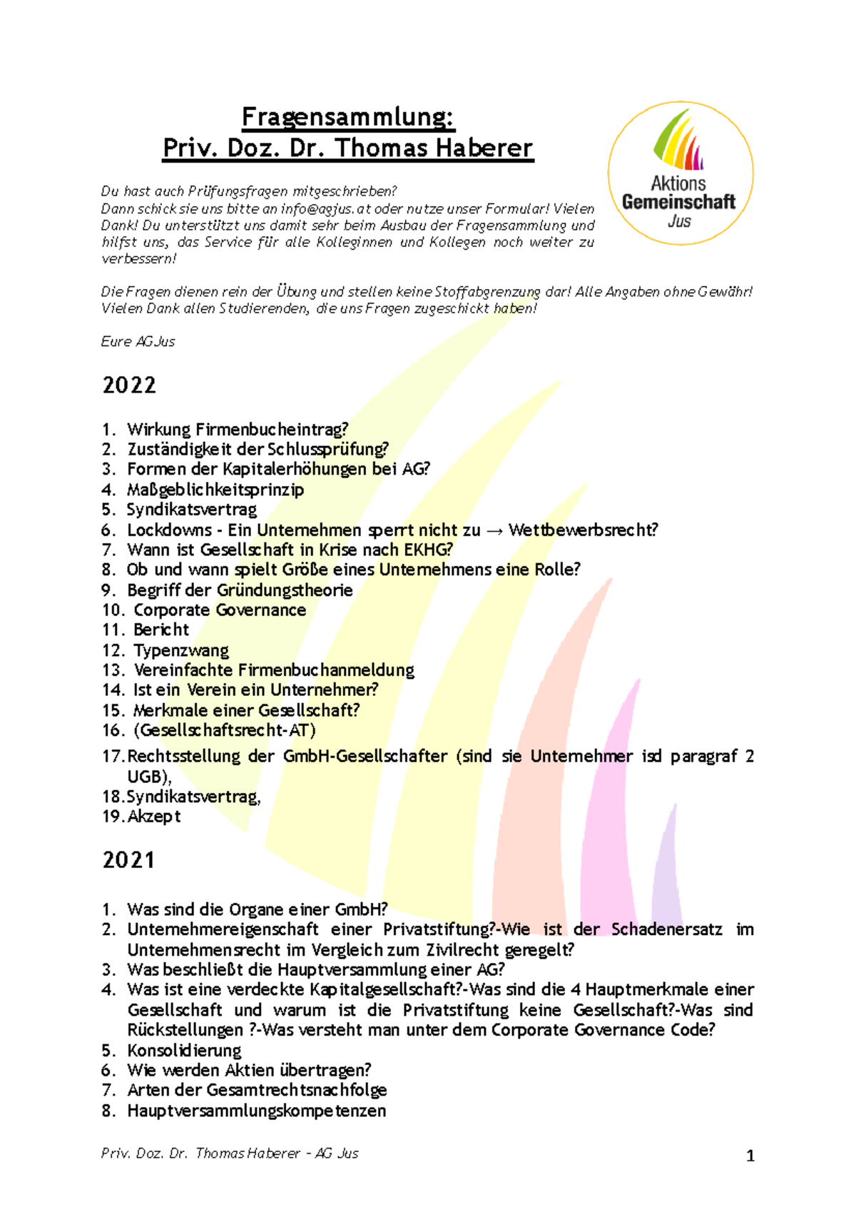Haberer - Fragensammlung: Priv. Doz. Dr. Thomas Haberer Du hast auch ...