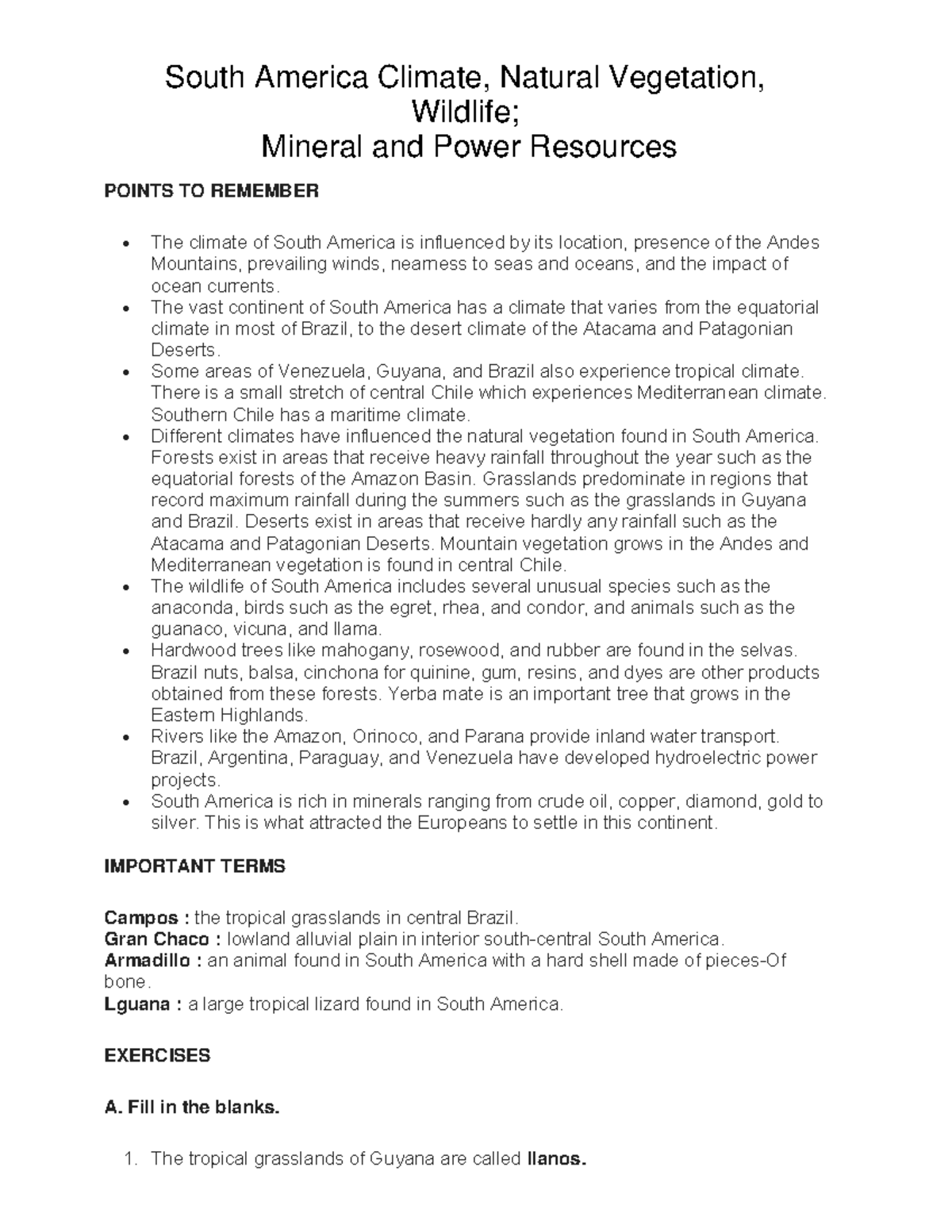 South America Climate, Natural Vegetation, Wildlife Mineral and Power ...