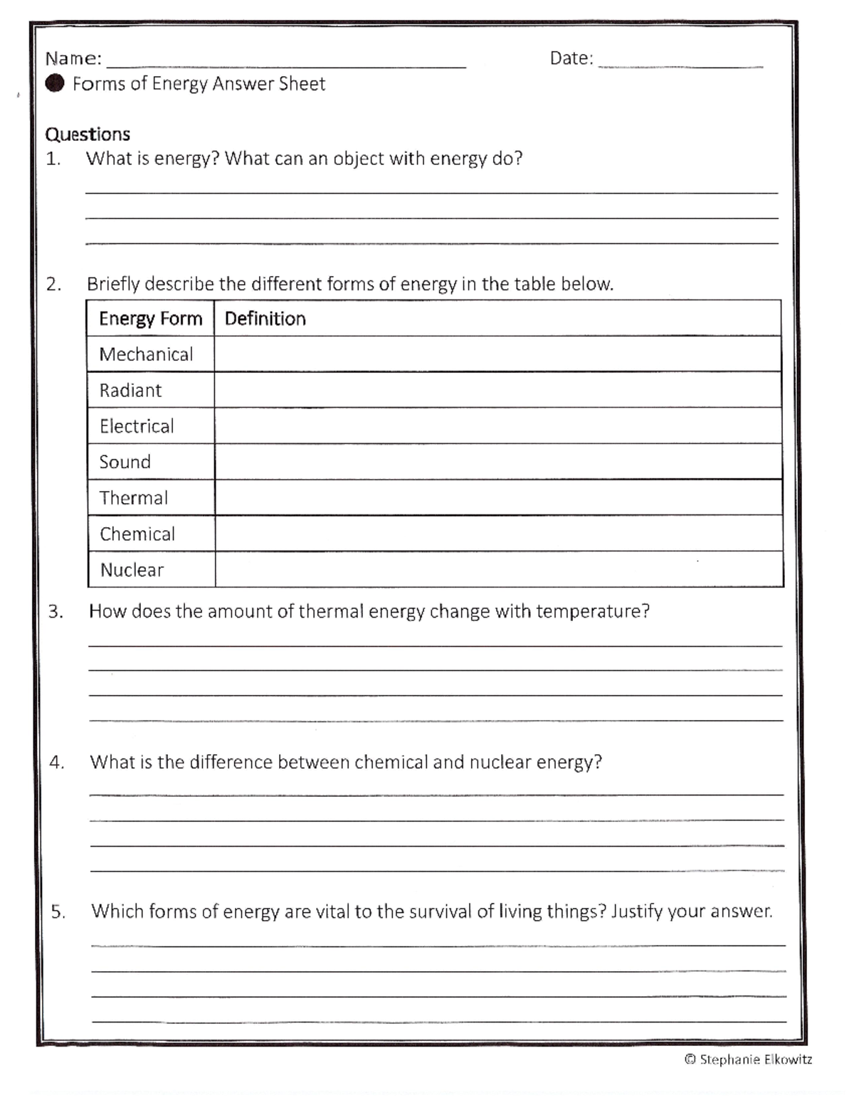 8.1 Forms of Energy Answer Sheet - ECONUA18 - What is energy? What can ...