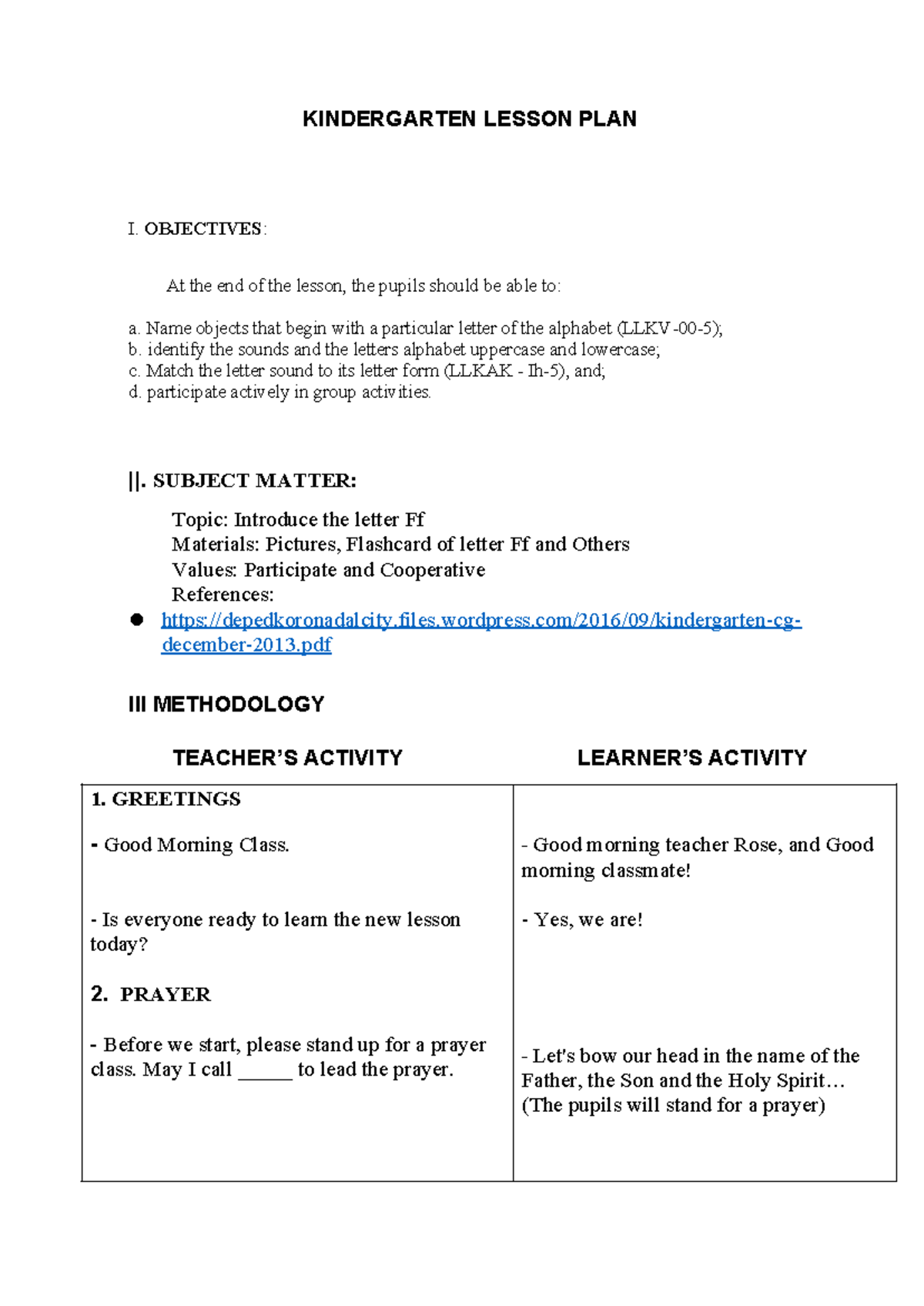 Science Lesson Plan - Learning Materials - KINDERGARTEN LESSON PLAN I ...