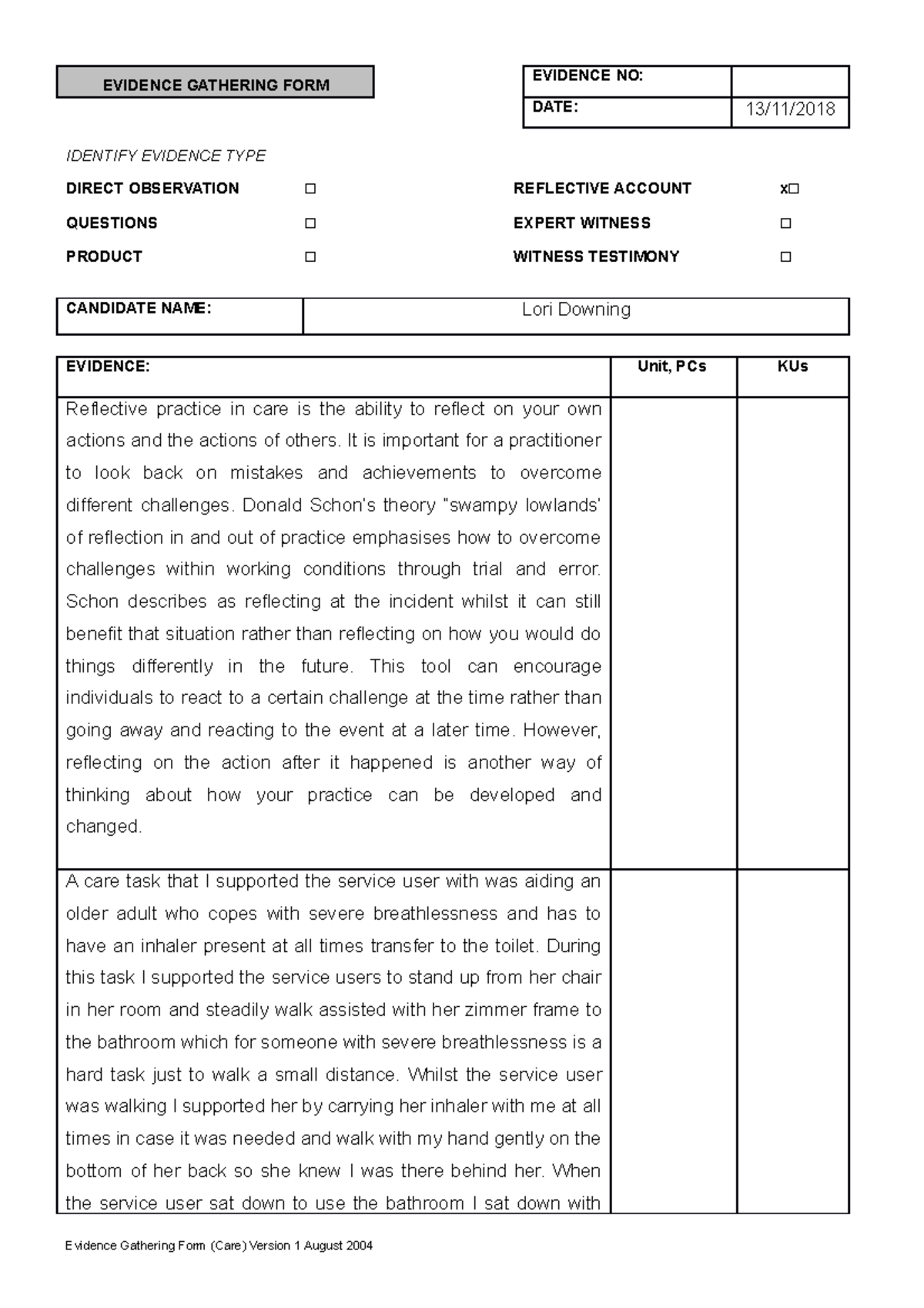 Reflective Practice (Schon) - EVIDENCE GATHERING FORM EVIDENCE NO: DATE ...