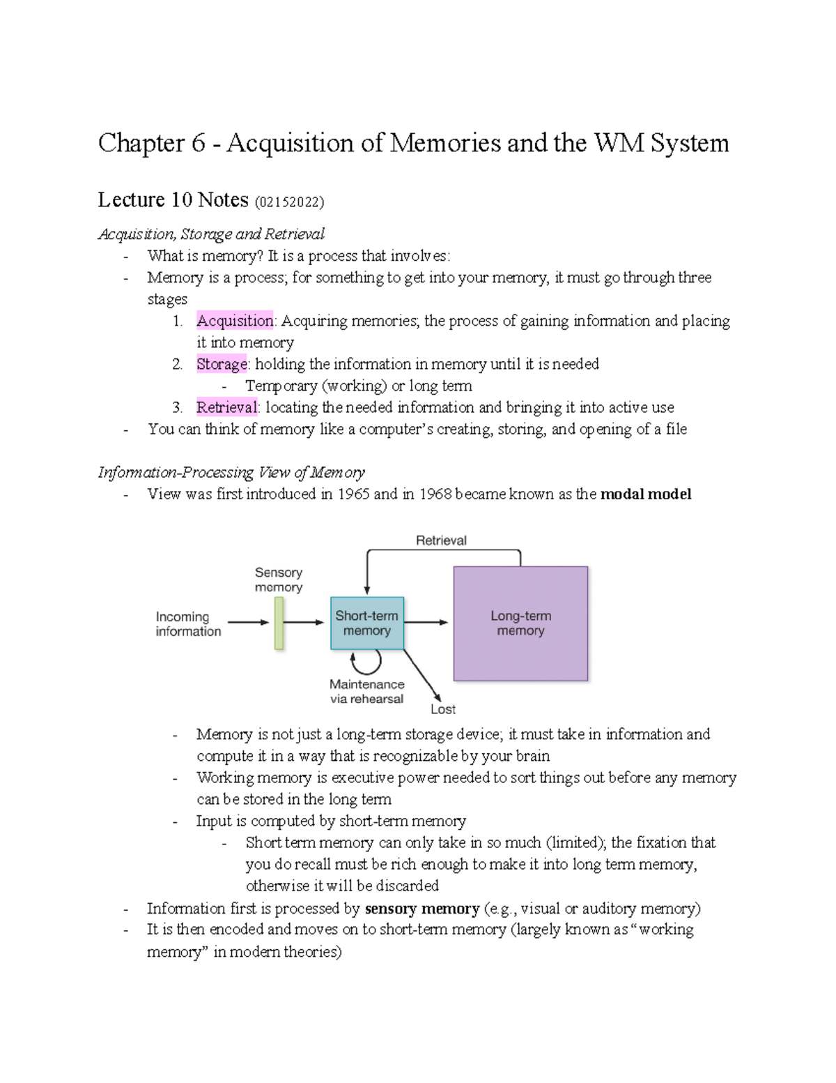 Lecture 10: Acquisition of Memories and the WM System pt.1 - Chapter 6 ...