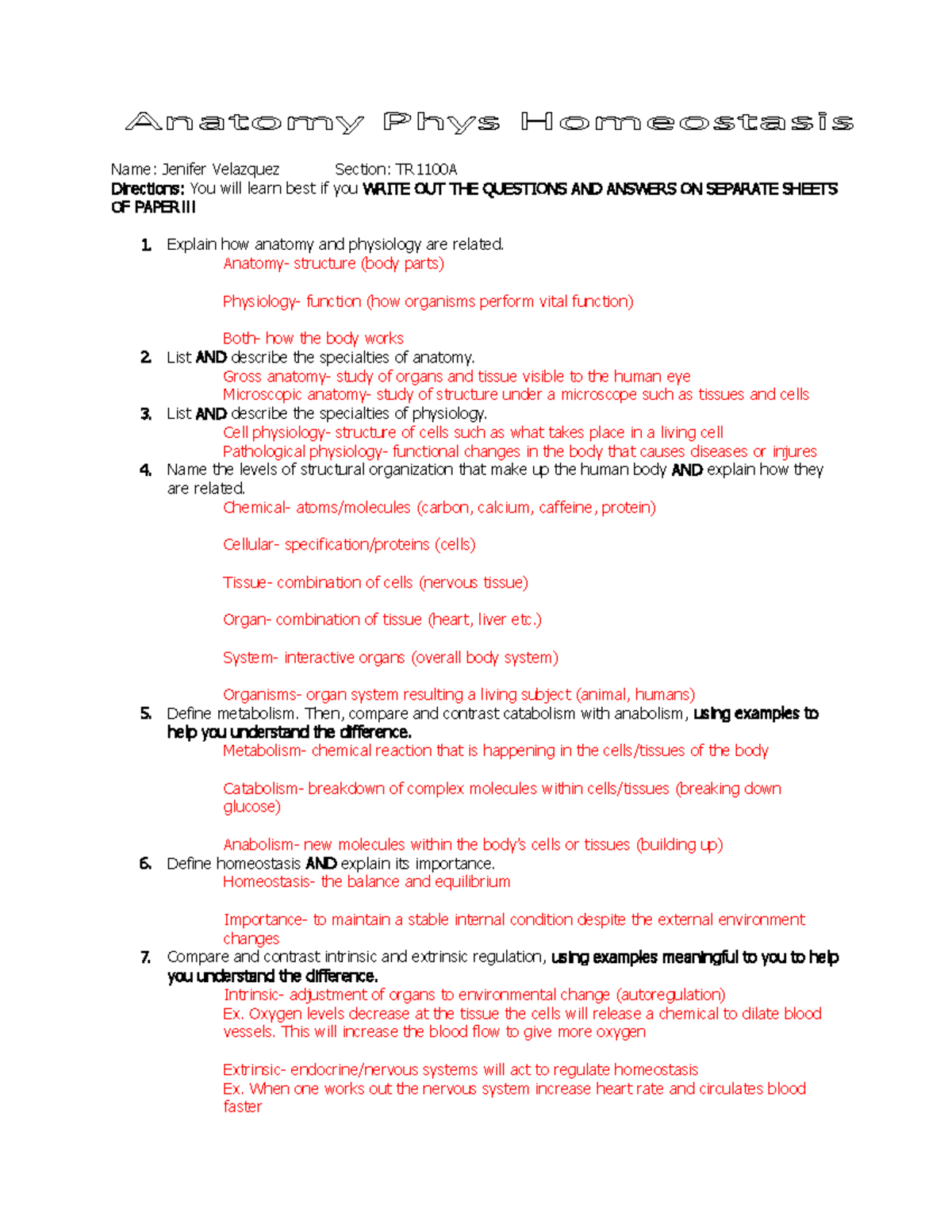 1 Anatomy Phys Homeostasis Review Guide - Name: Jenifer Velazquez ...