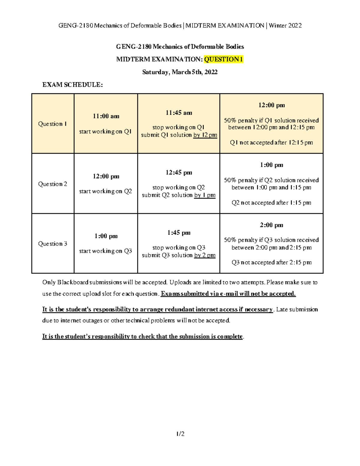 Midterm Question 1 2022 - GENG-2180 Mechanics of Deformable Bodies | MIDTERM EXAMINATION ...