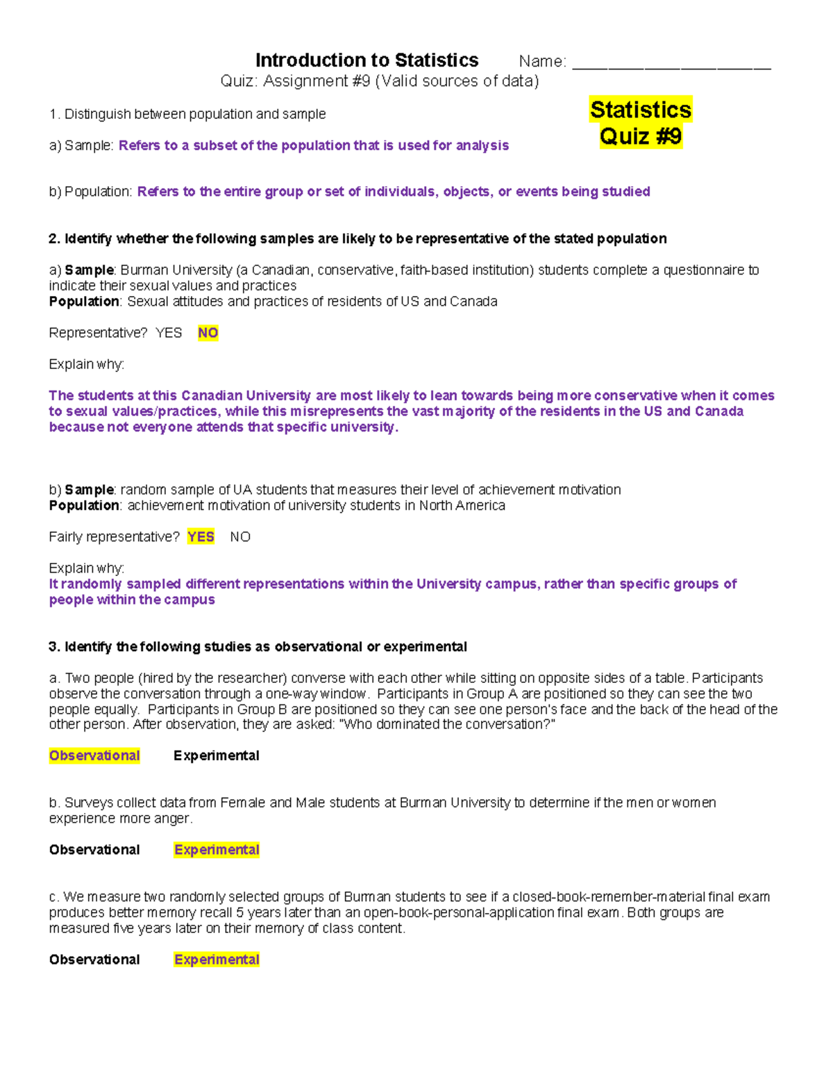 UA Stat Quiz #9 - Darren George - Introduction to Statistics Name