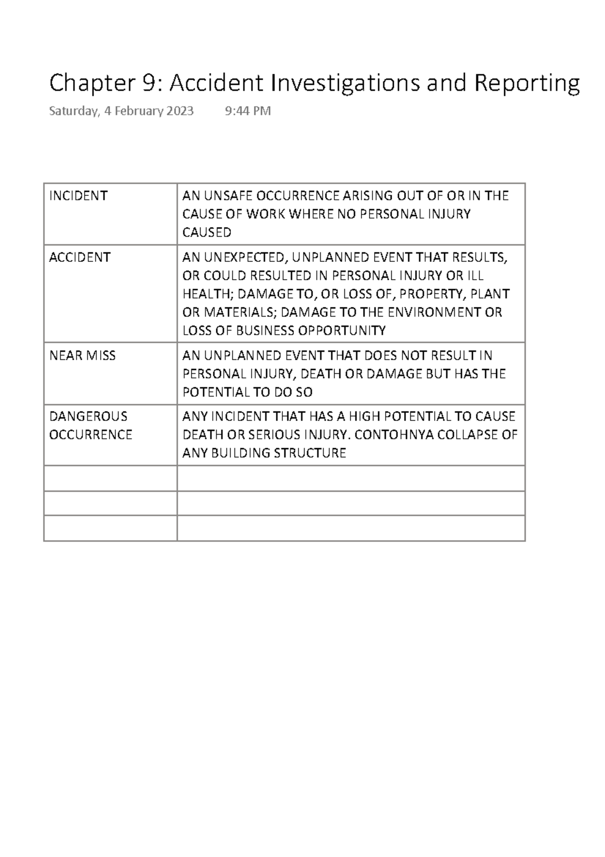 Piosh Chapter 9 - Principle of OSH - INCIDENT AN UNSAFE OCCURRENCE ...
