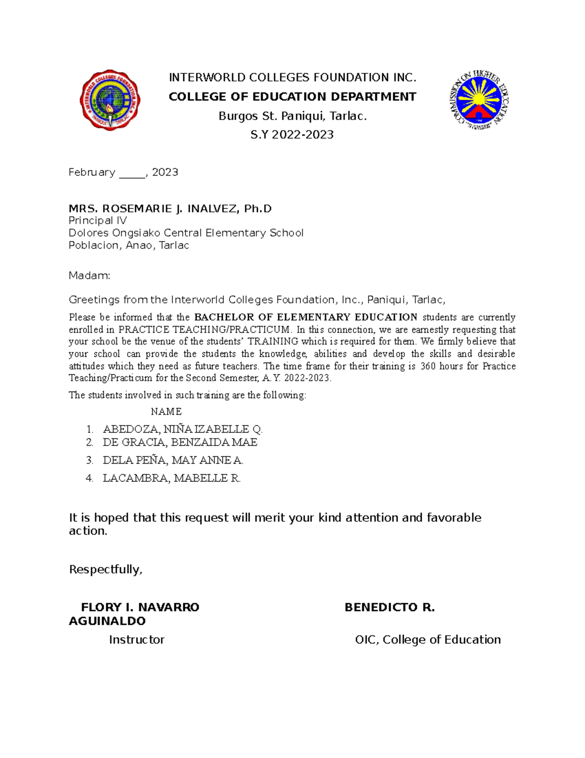 BEED Endorsement Letter Finalrevised 2 - COLLEGE OF EDUCATION ...