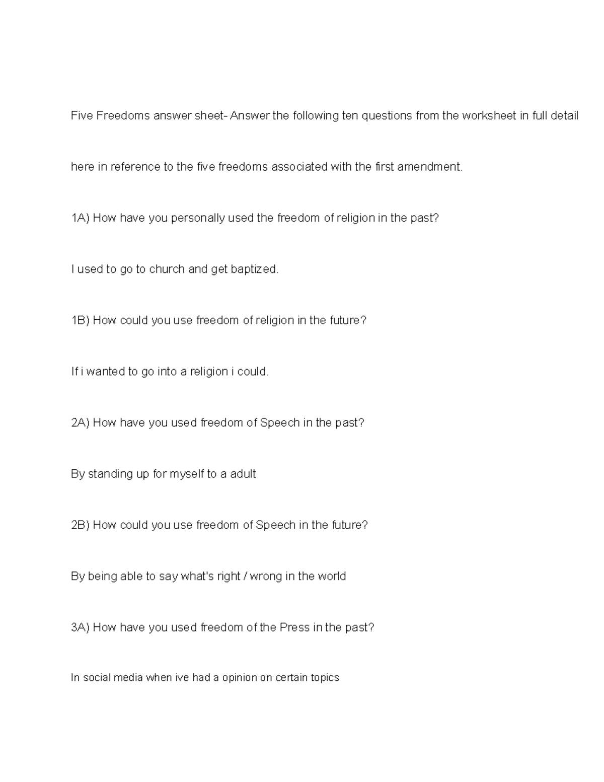 Five Freedoms answer sheet- Answer the following ten questions from the ...