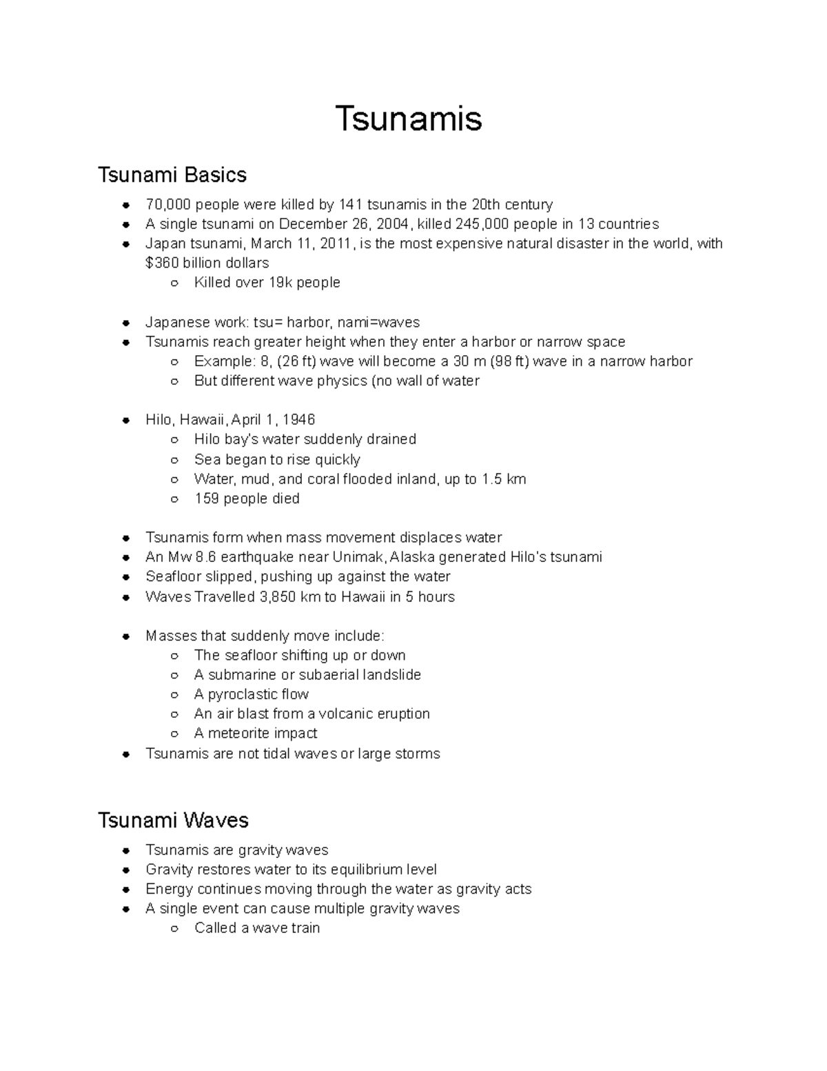 Tsunamis - Tsunami Lecture Notes Intro to Natural Disasters - GEOL 1370 ...