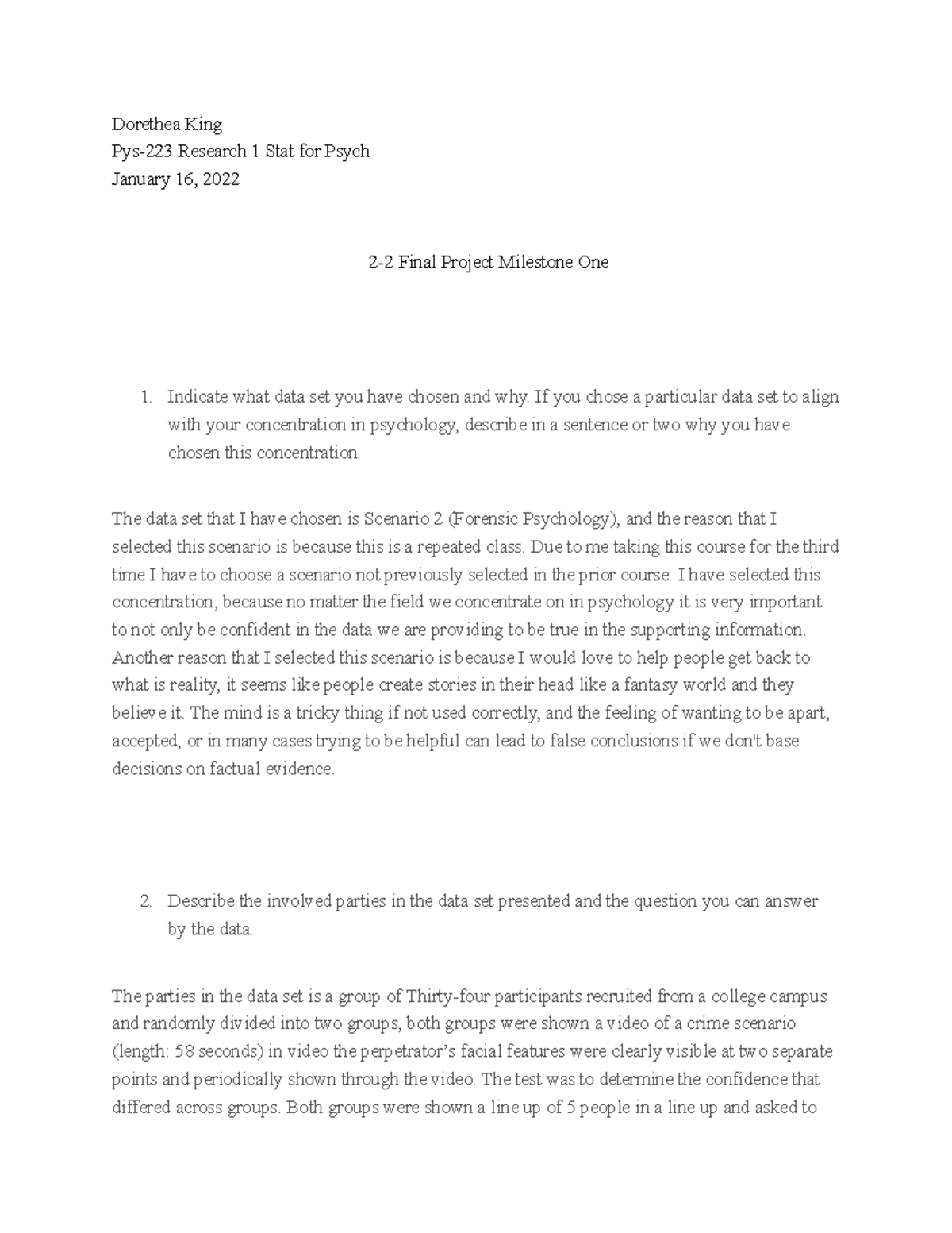 Week 2-2 Final Project Milestone One - Dorethea King Pys-223 Research 1 ...
