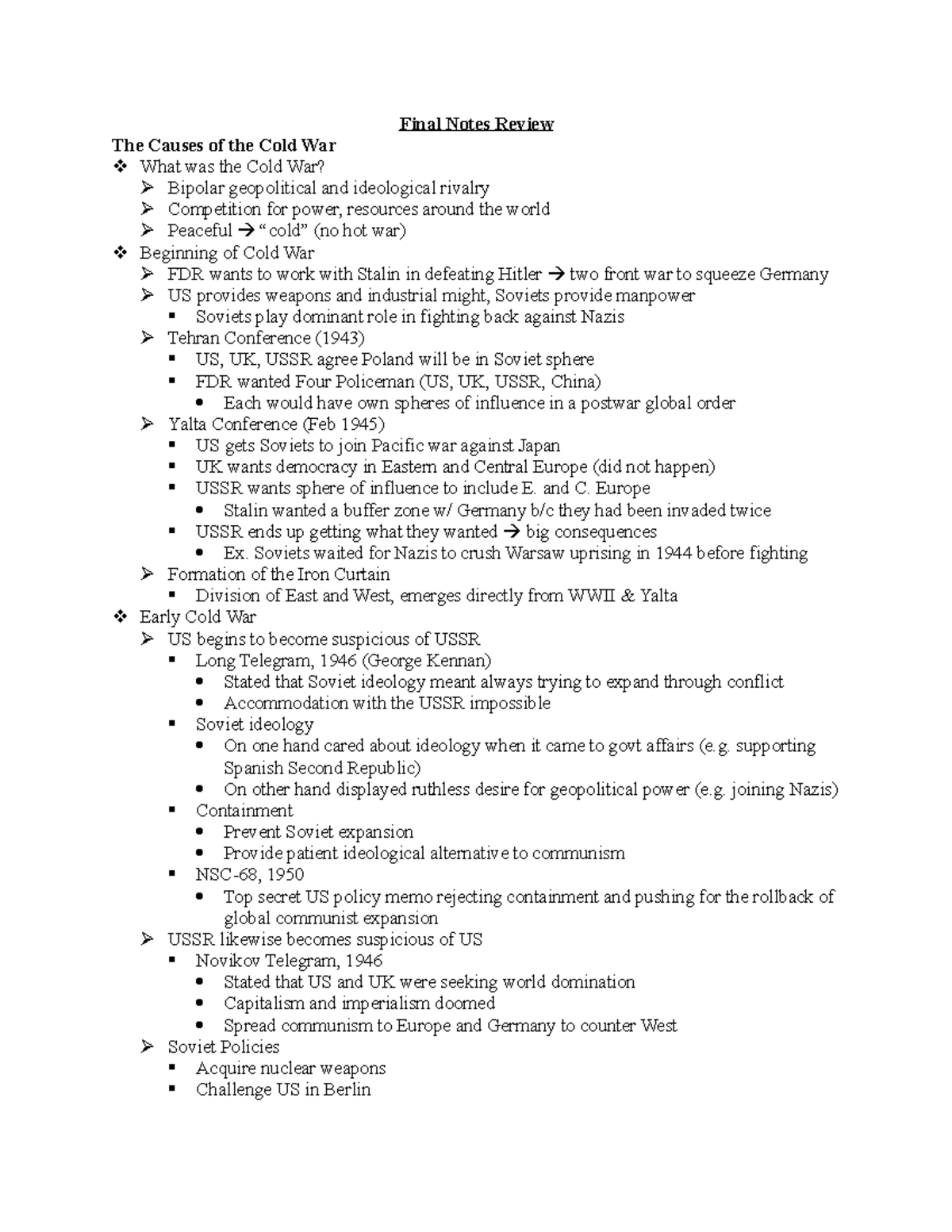 Final Notes Review - Final Notes Review The Causes of the Cold War What ...