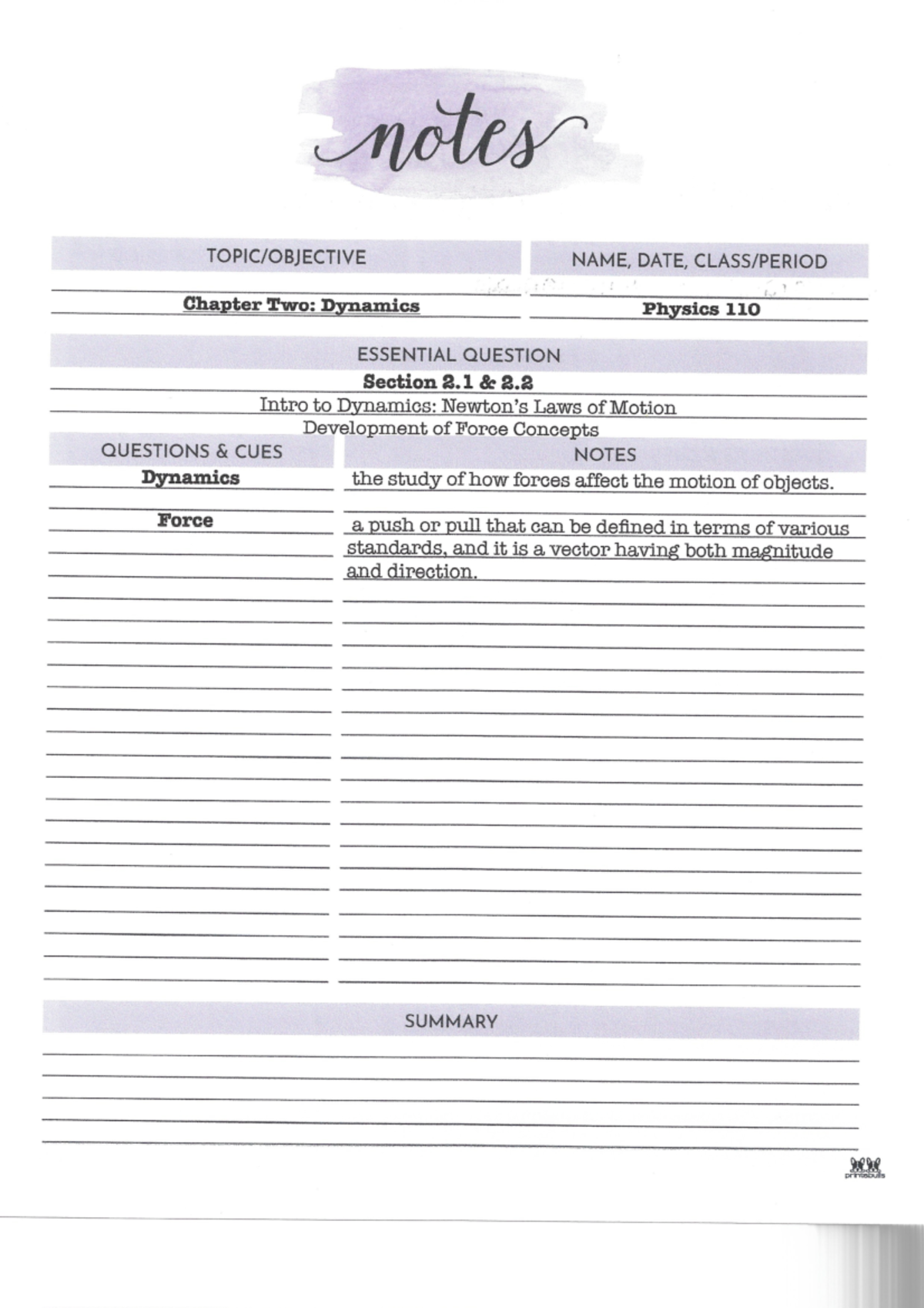 Chapter 2 Dynamics Notes - PHY 110 - Studocu