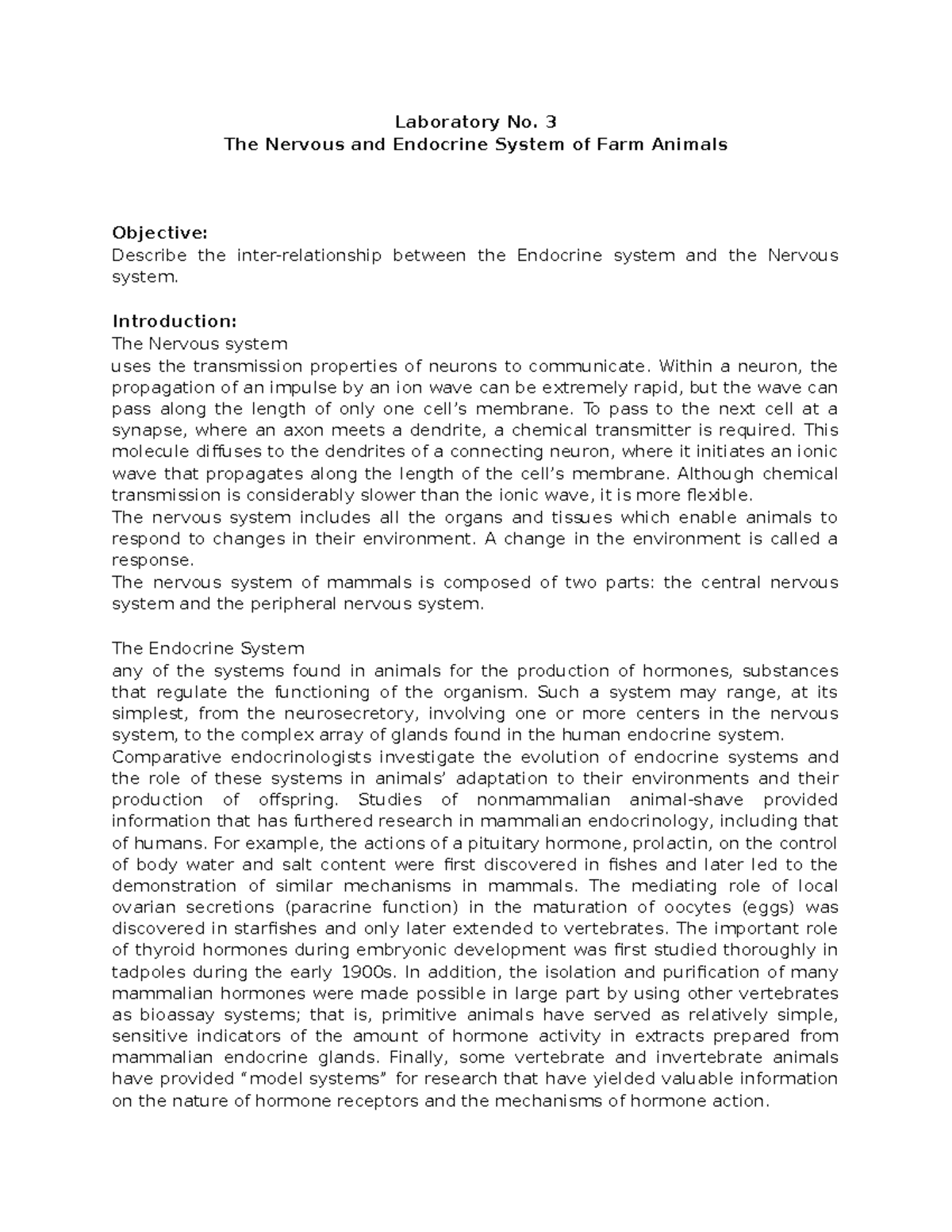Laboratory 3 - ANIMAL SCIENCE - Laboratory No. 3 The Nervous and ...