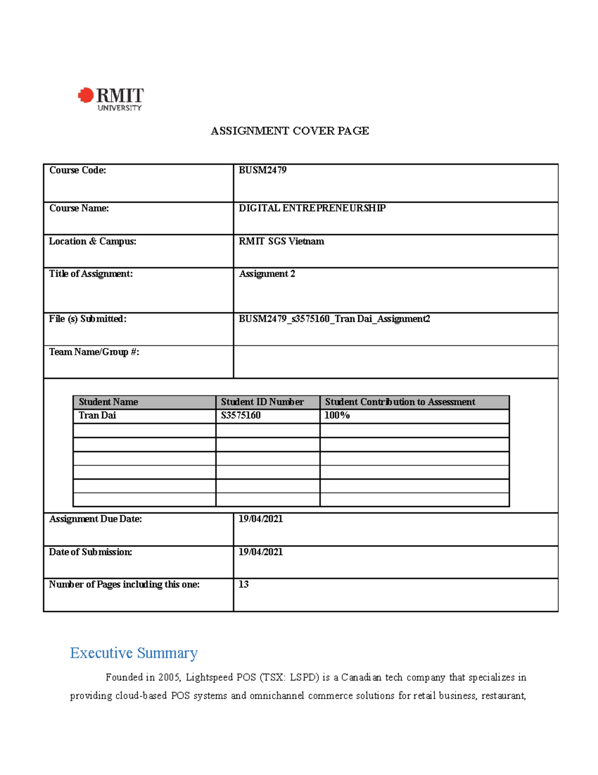 BUSM2479 s3575160i ssignment 2 - ASSIGNMENT COVER PAGE Course Code ...