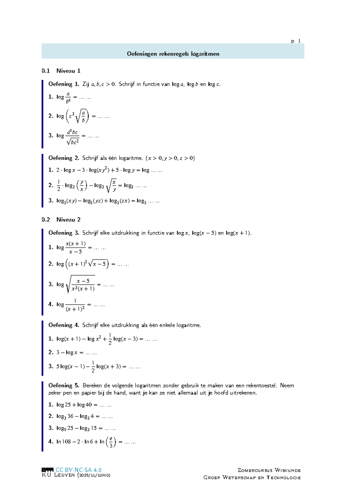 Logaritmen rekenregels - Oefeningen rekenregels logaritmen p. 1 0 ...