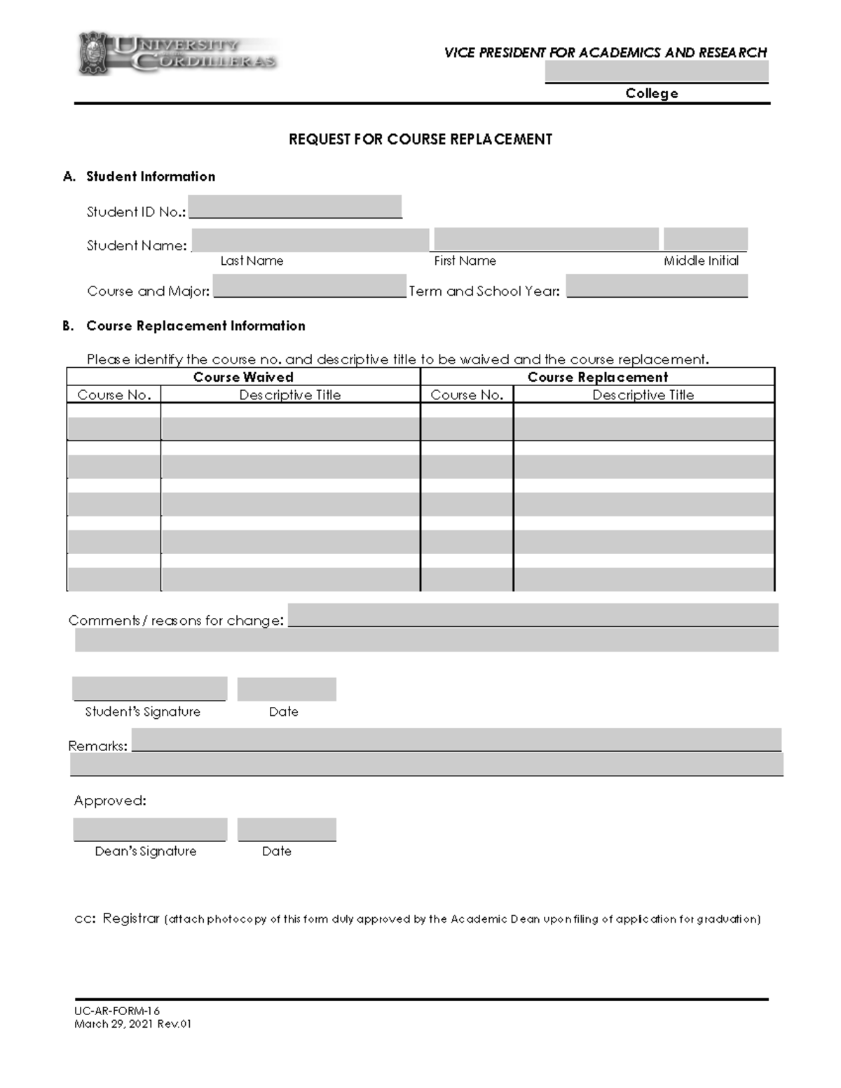 Request for Course Replacement Fillable - VICE PRESIDENT FOR ACADEMICS ...