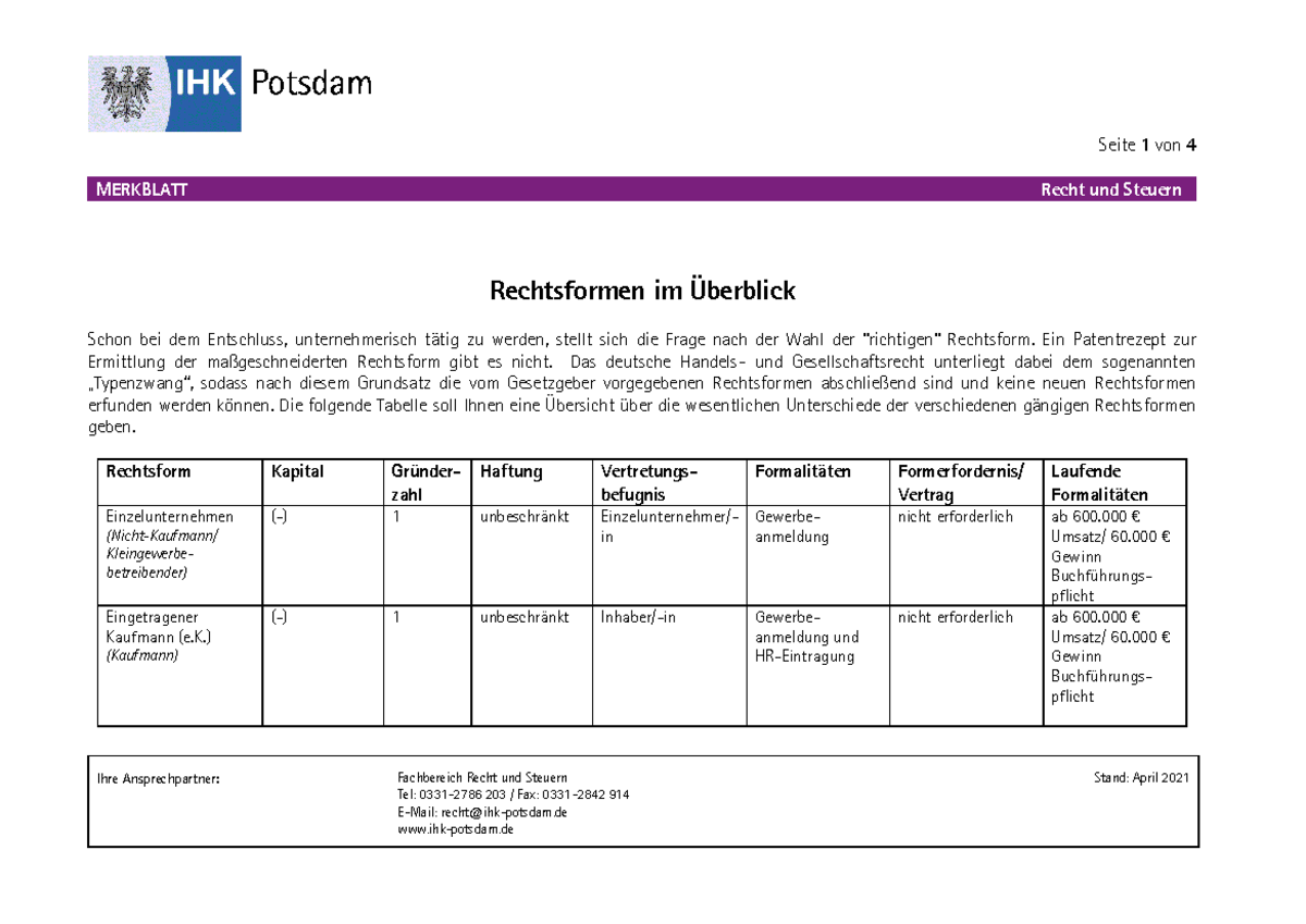 Überblick Rechtsformen - Ihre Ansprechpartner: Fachbereich Recht und ...
