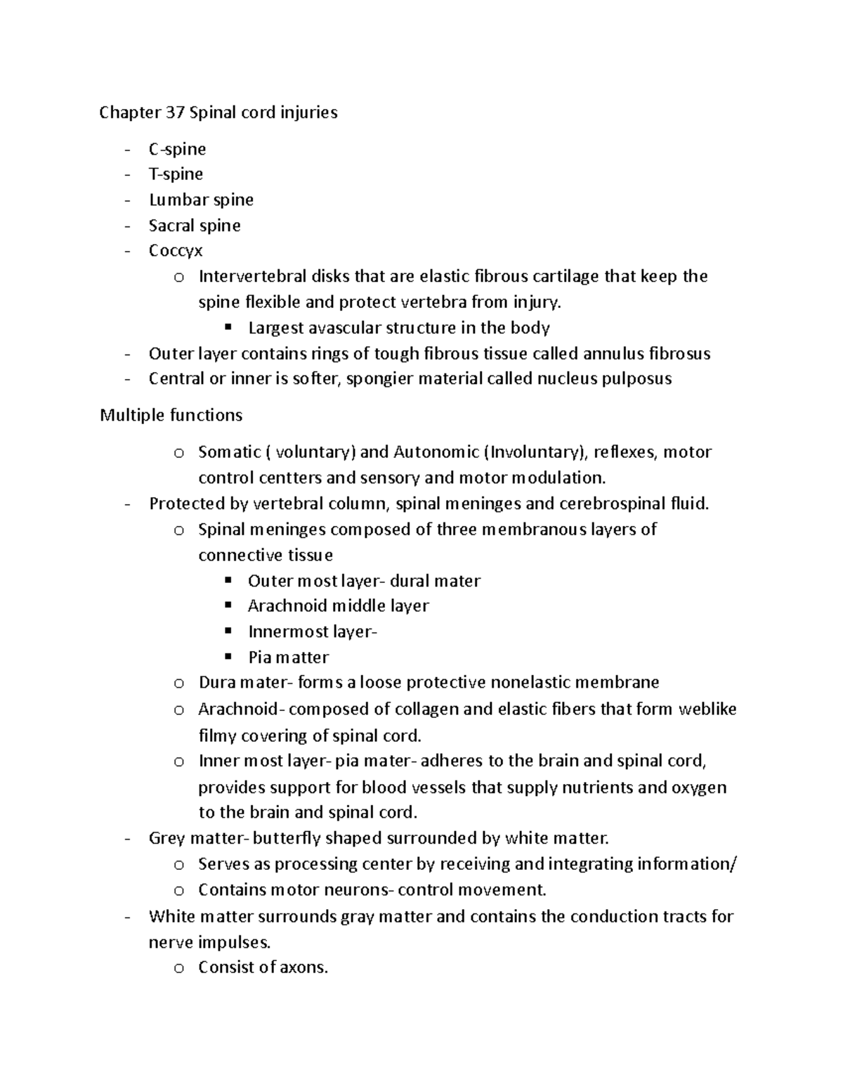 Chapter 37 neuro - notes - Chapter 37 Spinal cord injuries - C-spine ...