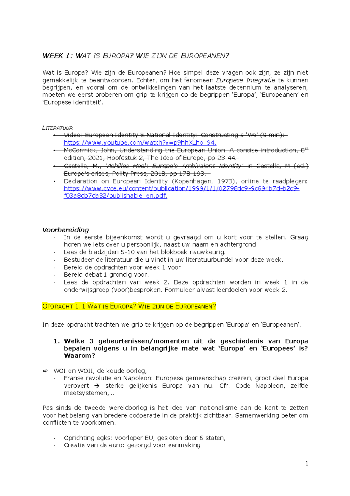 OG 1 integratie - Wat is (Europese) identiteit - WEEK 1: WAT IS EUROPA ...