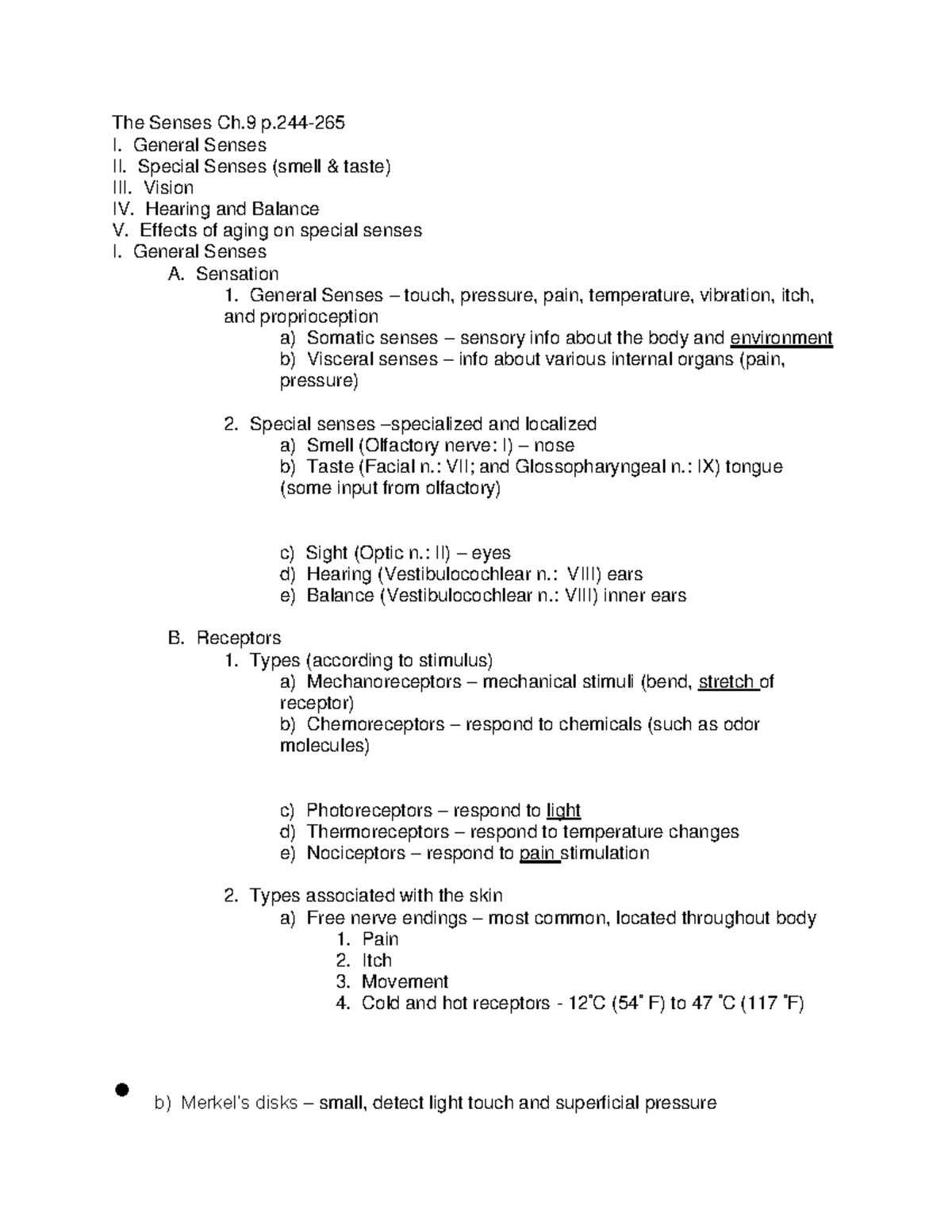 BIOL109 Ch9 Lecture notes - The Senses Ch p- 265 I. General Senses II ...