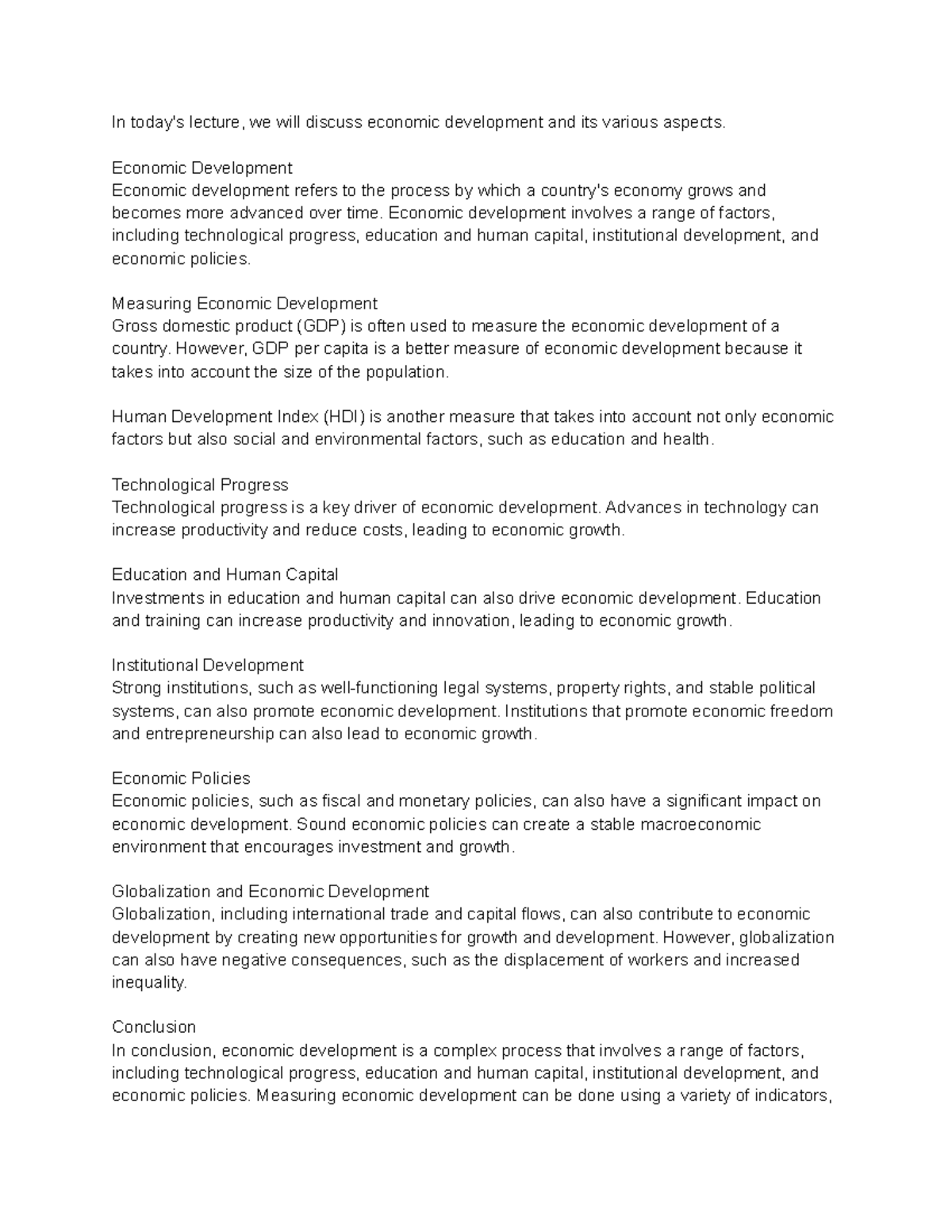 Lecture #20 Economic Development - In today's lecture, we will discuss ...