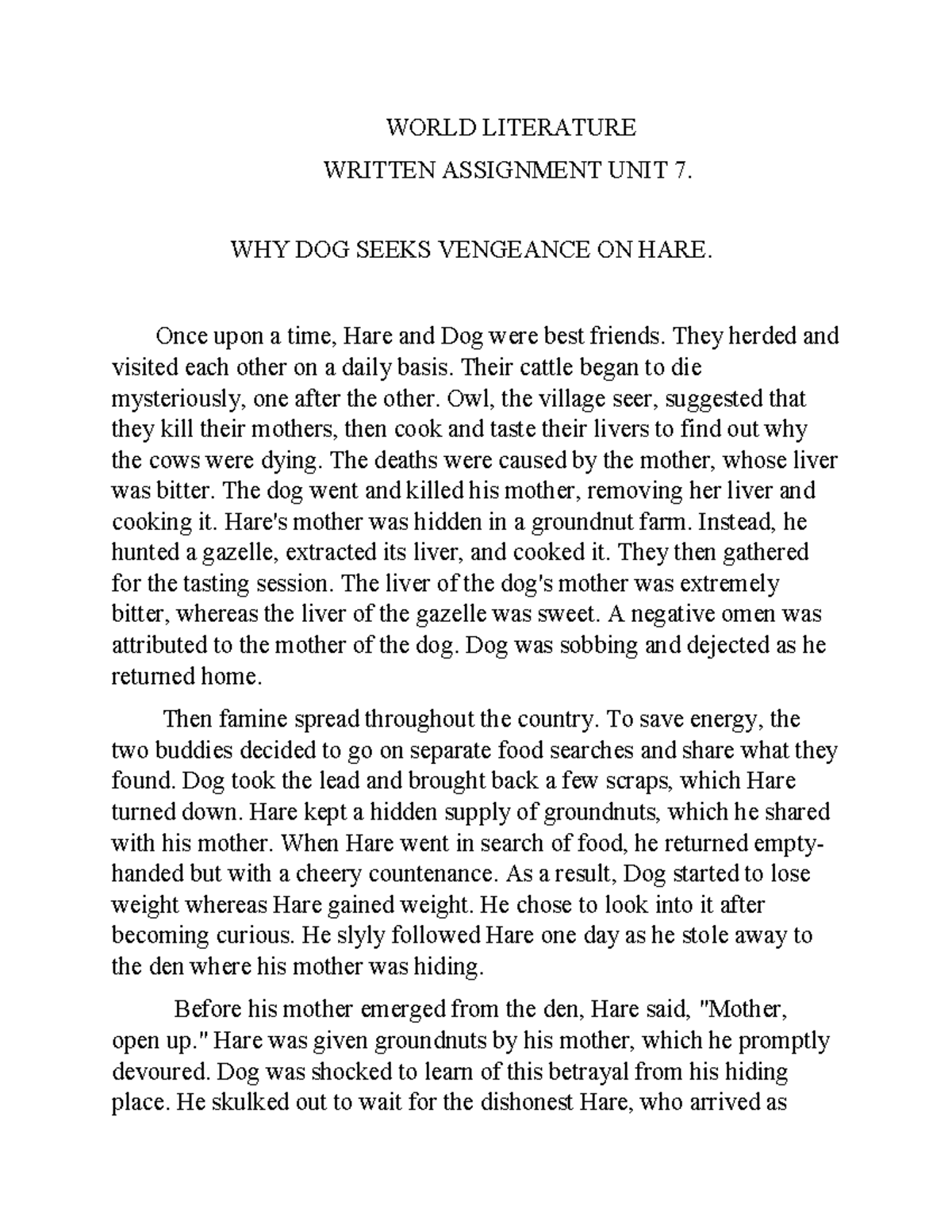 World Literature Written Assignment UNIT 7 - WORLD LITERATURE WRITTEN ...