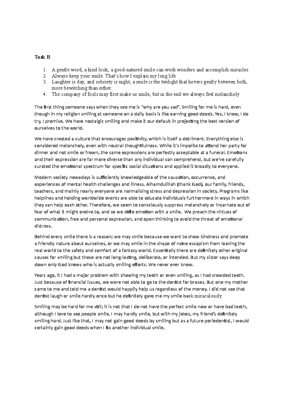 Task B - smile - persuasive essay for gamsat practise - Task B A gentle ...