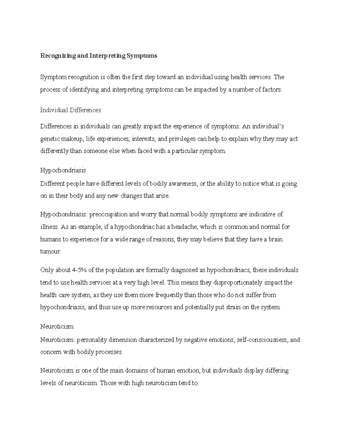 Chapter 8 - Pt. 2 - Recognizing and Interpreting Symptoms Symptom ...