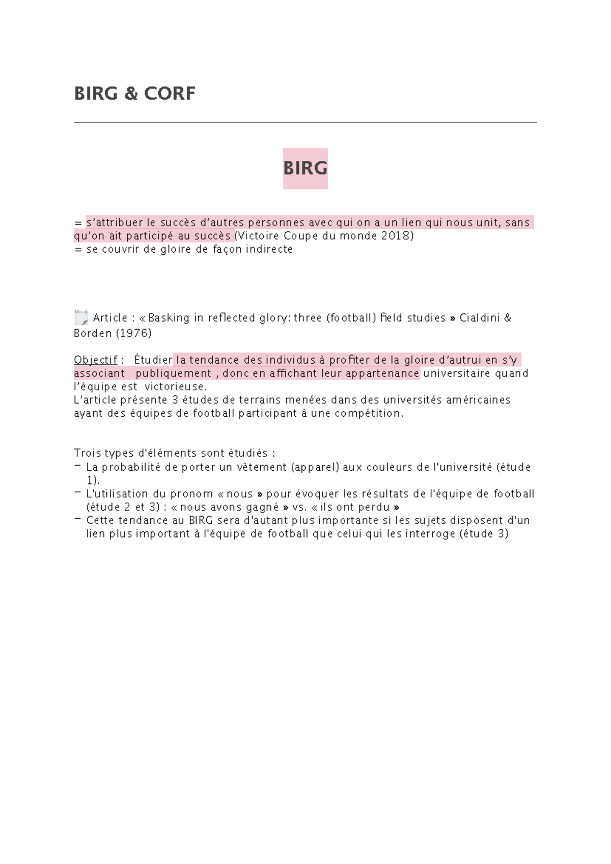 BIRG & CORF - Effet BIRG et CORF - BIRG & CORF BIRG = s’attribuer le ...