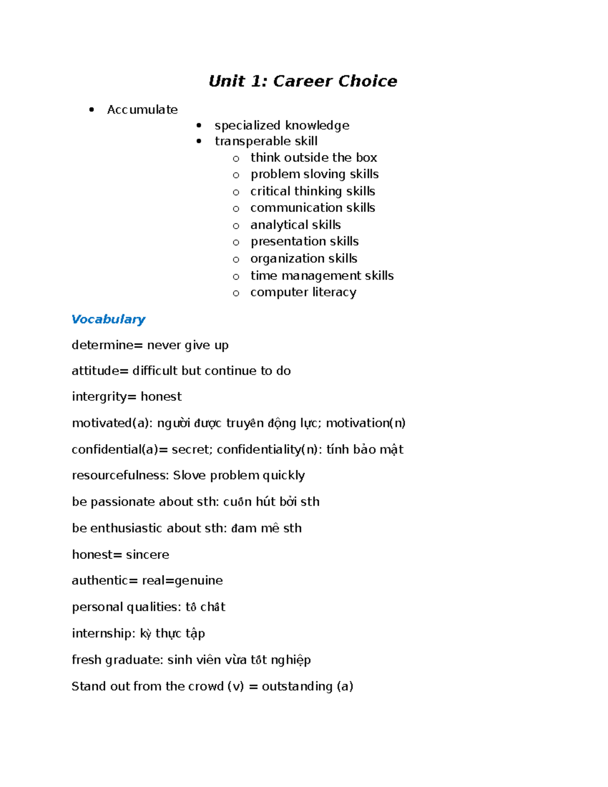 Unit 1 - Unit 1 - Unit 1: Career Choice Accumulate specialized ...