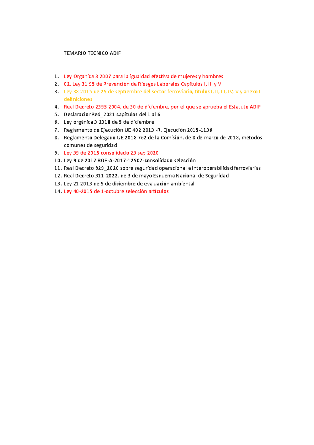 Temario Tecnico ADIF - TEMARIO TECNICO ADIF Ley Organica 3 2007 para la igualdad efectiva de ...