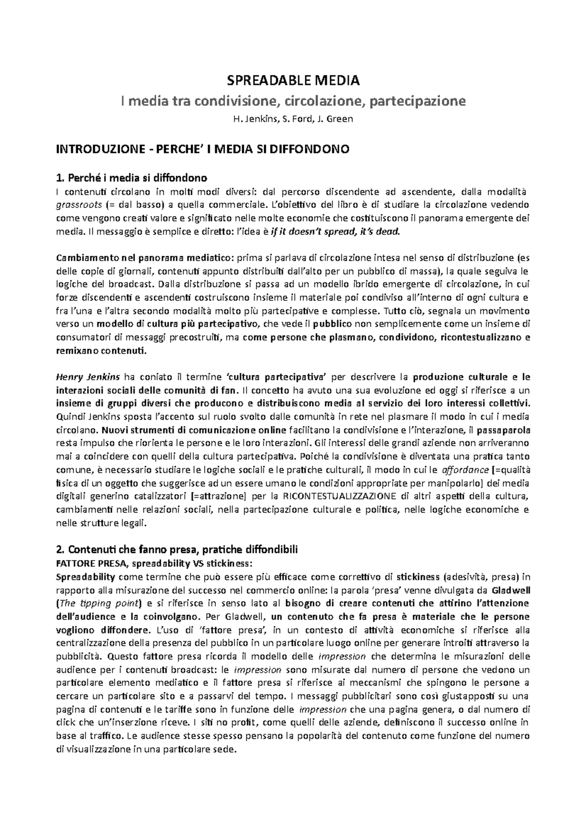 Spreadable Media - Riassunto del libro - SPREADABLE MEDIA I media tra ...