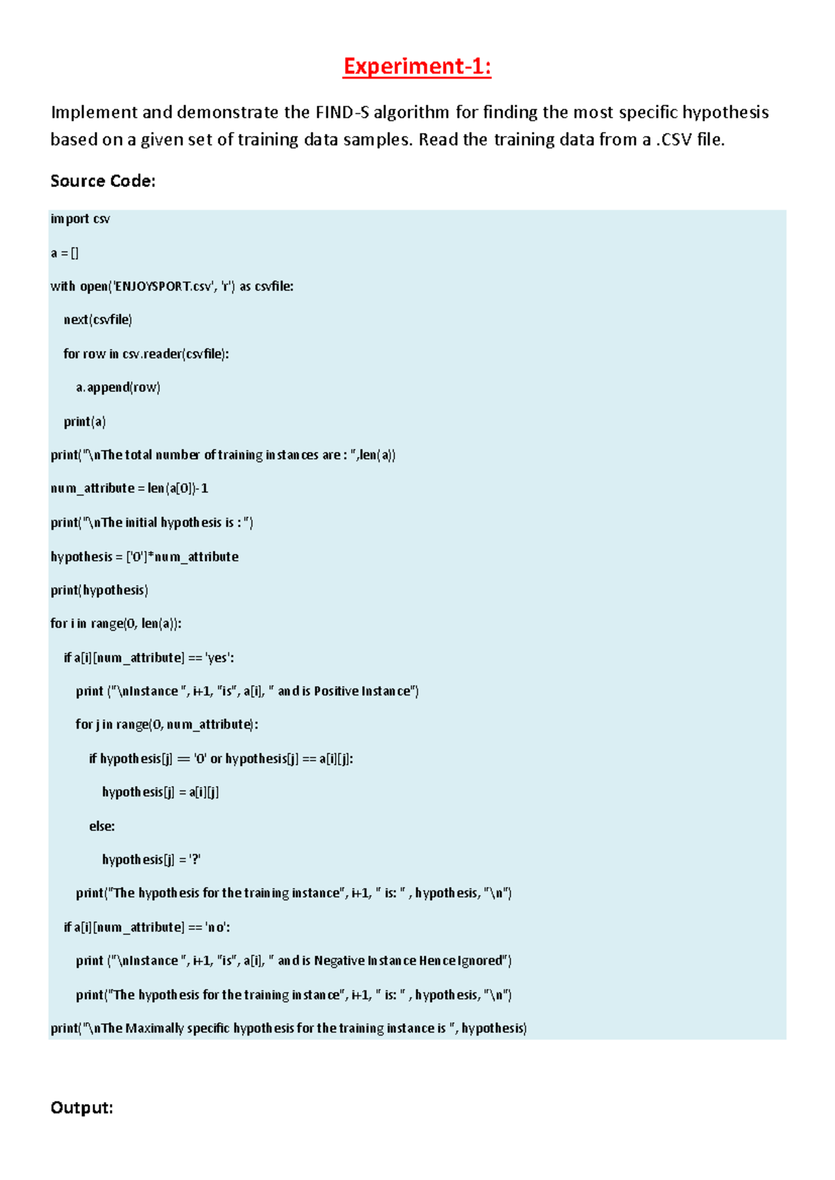 Ml Lab Manual Full Experiment 1 Implement And Demonstrate The Find S Algorithm For Finding