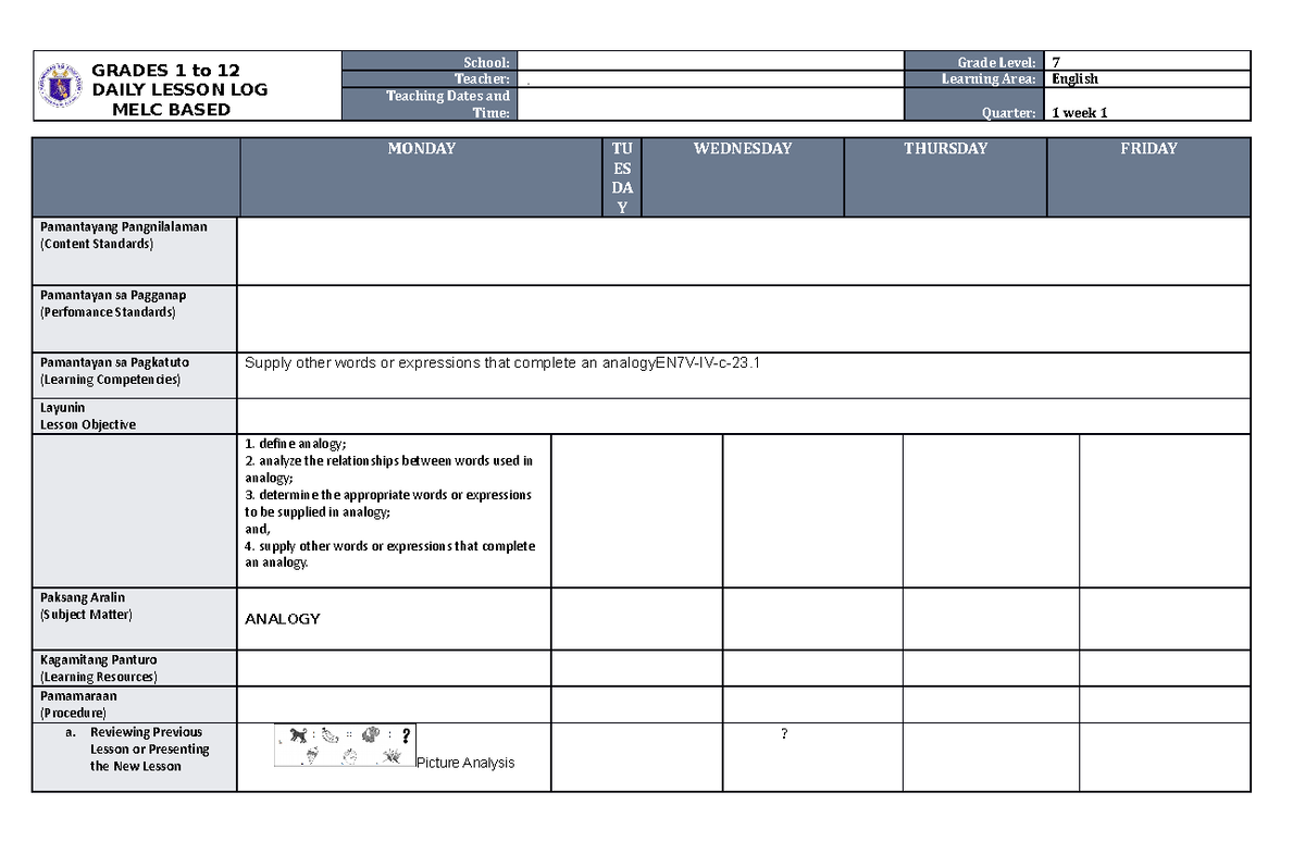 MELC DLL ENG 7 WEEK 1 Q1 done - GRADES 1 to 12 DAILY LESSON LOG MELC BASED School: Grade Level ...