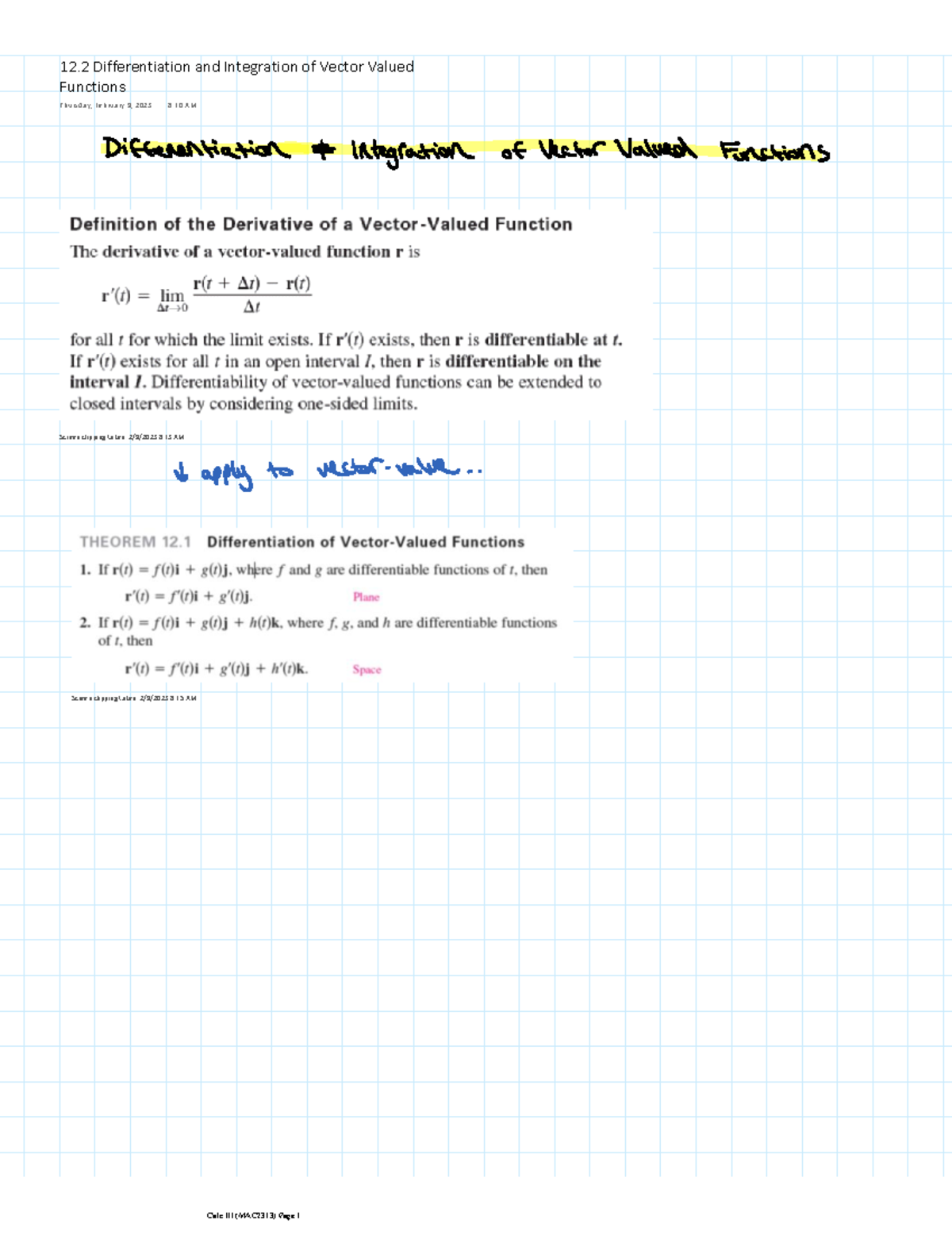 12.2 Differentiation and Integration of Vector Valued Functions - If ...
