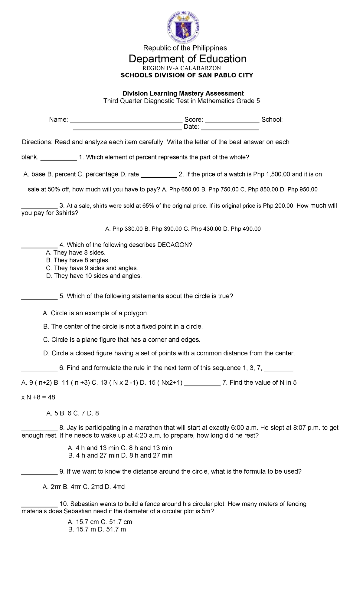 G5 Math Q3 Diagnostic Test DLMA - Republic of the Philippines ...