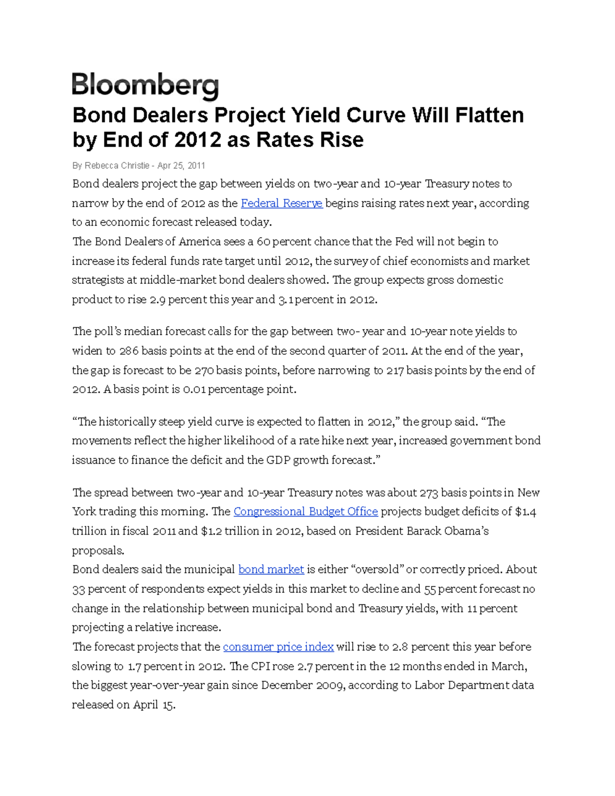 Bloomberg 4 11 Yield Curve Will Flatten by End of 2012 as Rates Rise ...
