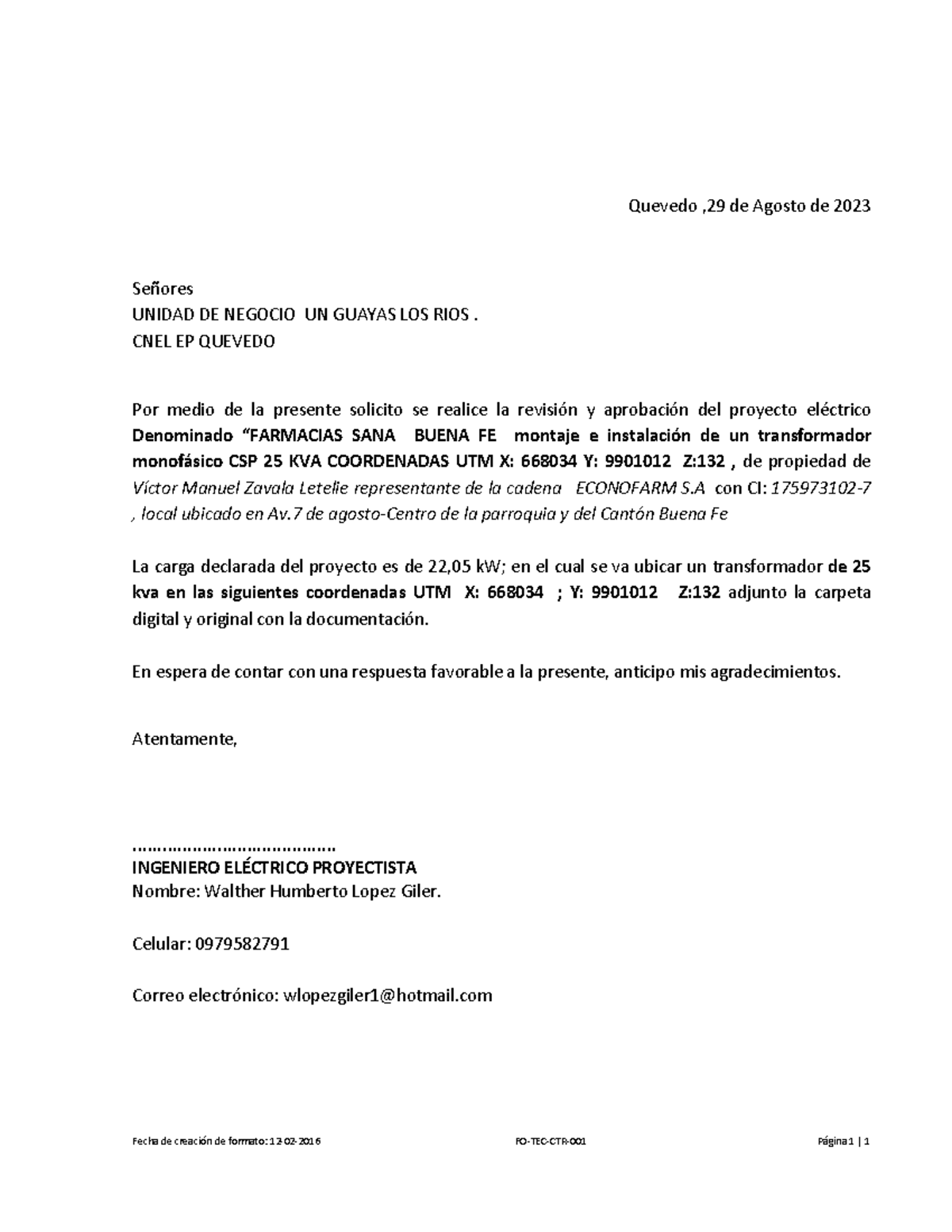 FO-TEC-CTR-001 Solicitud DE Revisión Y Aprobacion Deproyecto Electrico-signed - Fecha de ...