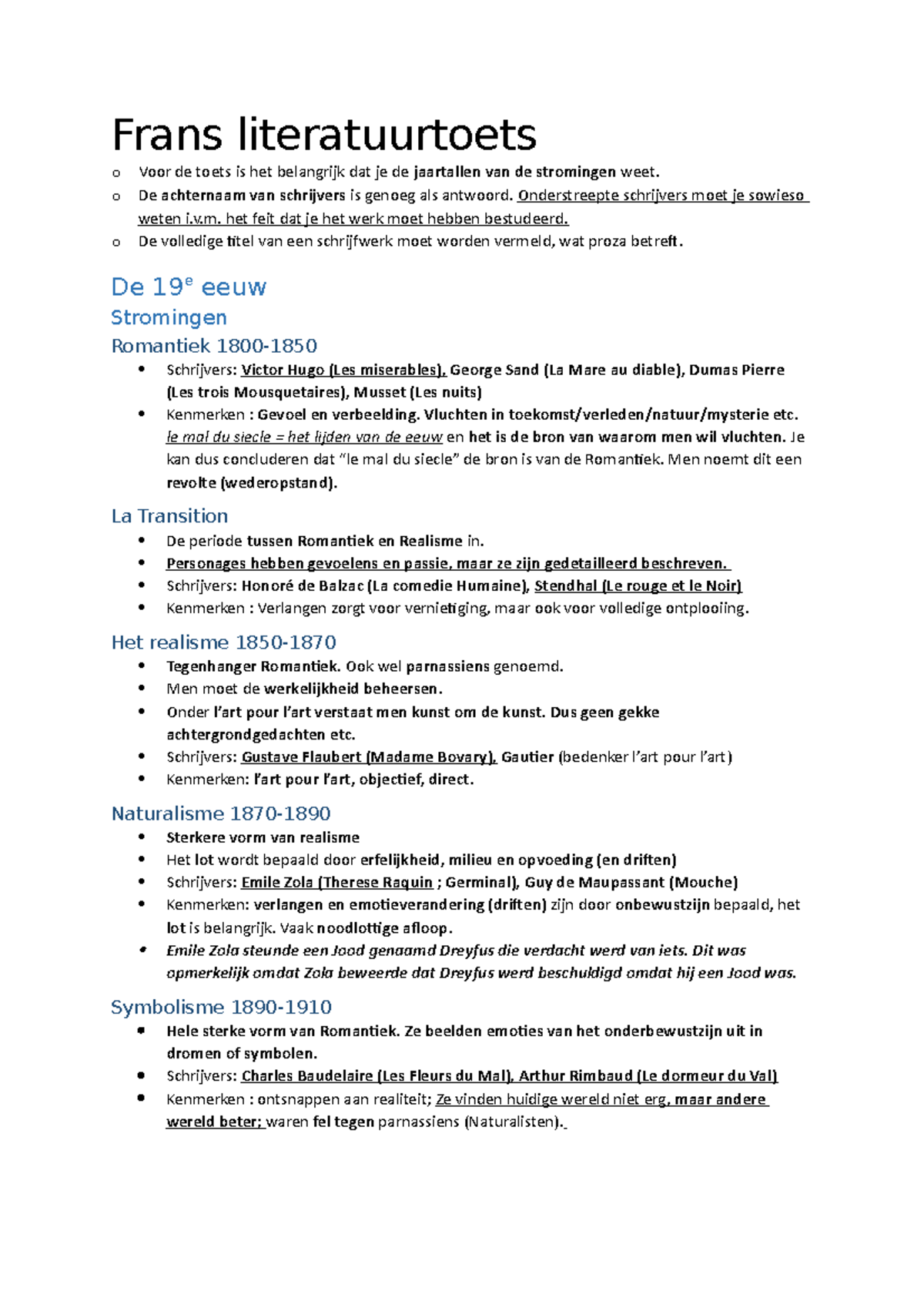 Frans literatuur 19e en 20e eeuw voorkennis - Frans literatuurtoets o ...