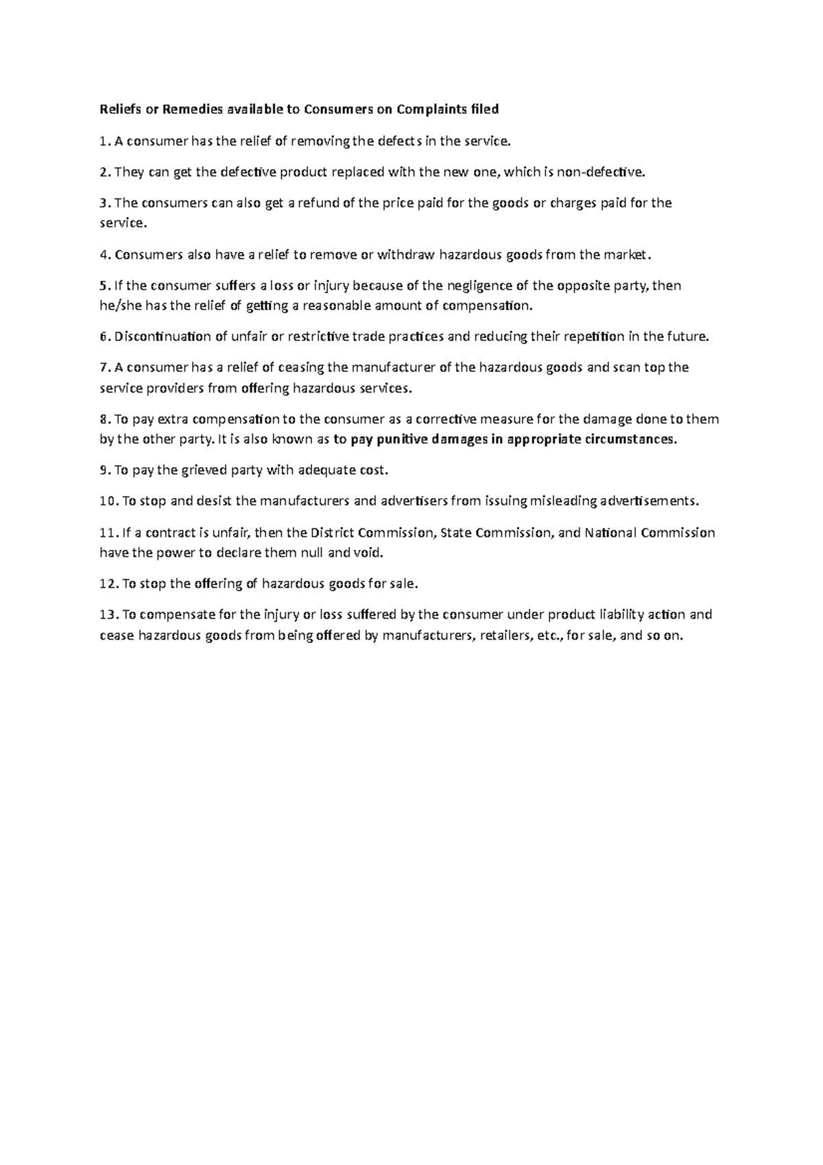 Reliefs - NOTES ON CONSUMER PROTECTION ACT AND CPC - Reliefs or ...