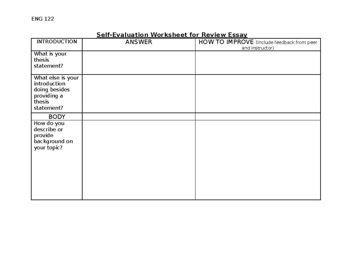 ENG 122 review self evaluation - Self-Evaluation Worksheet for Review ...