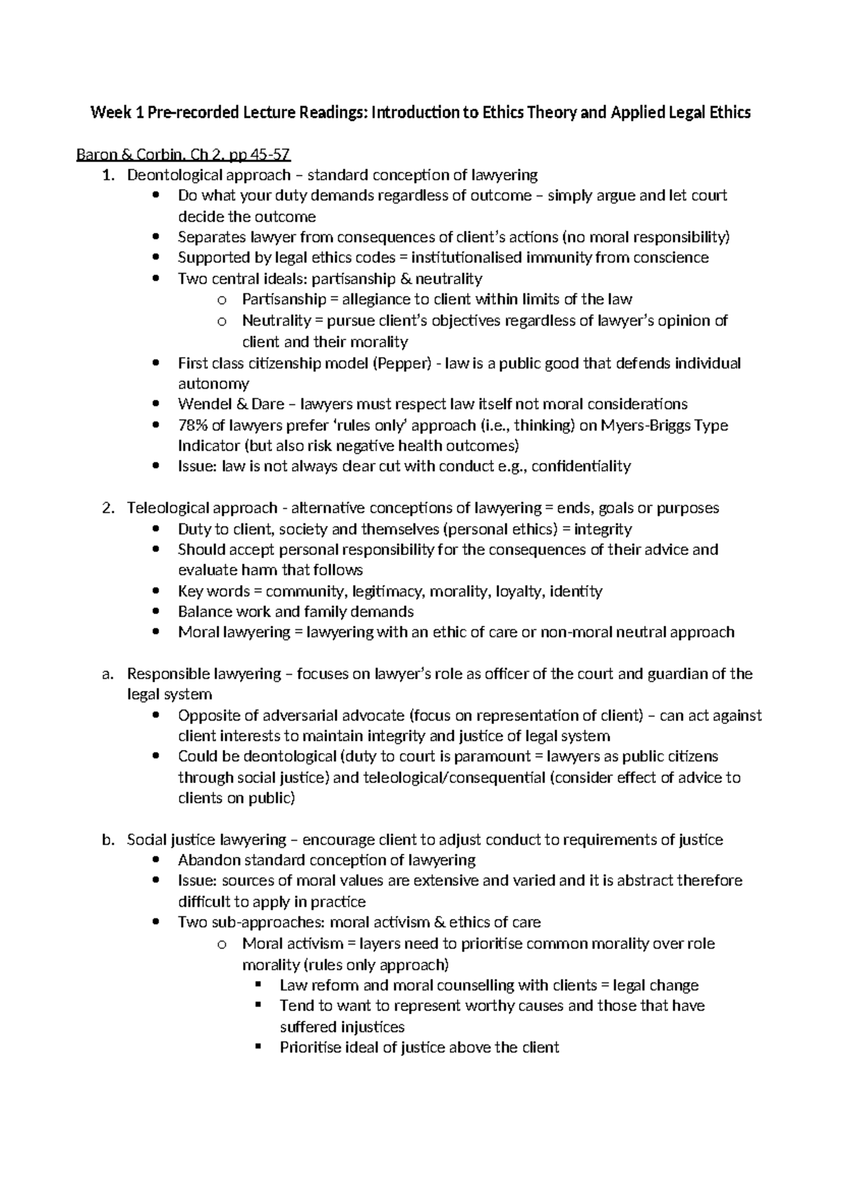 Pre-Recorded Lecture Readings - Intro to Legal Ethics - Week 1 Pre ...