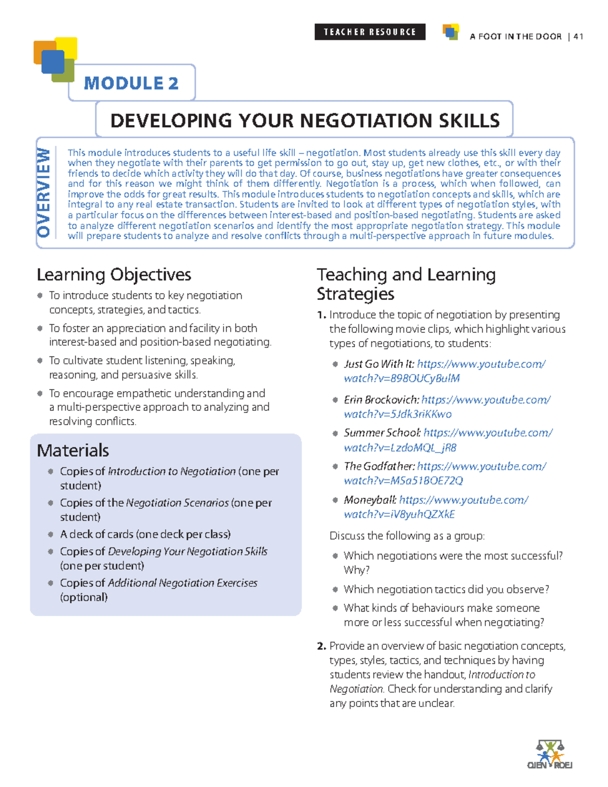 Negotiation Exercises - A F O OT I N T H E D O O R | 4 1 Learning ...