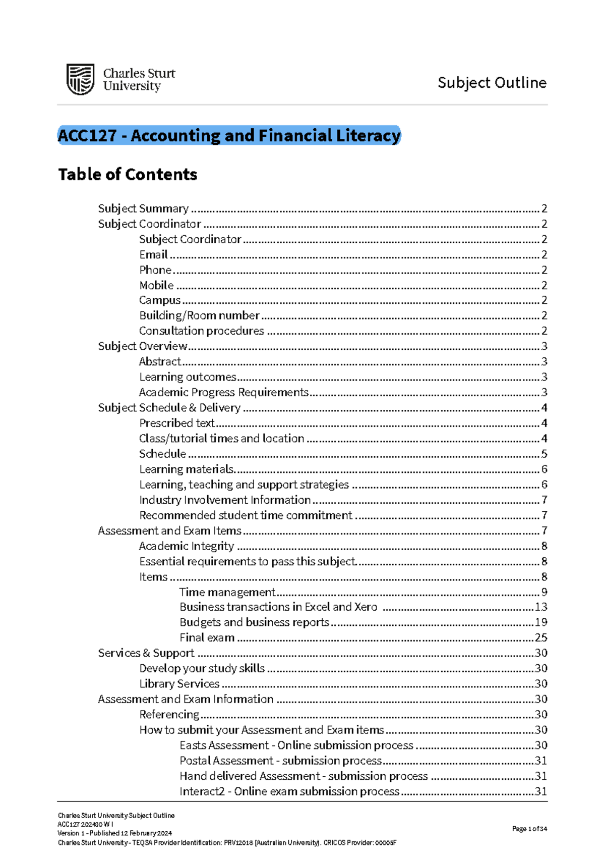 ACC127 Subject Outline - Subject Outline ACC127 - Accounting and ...