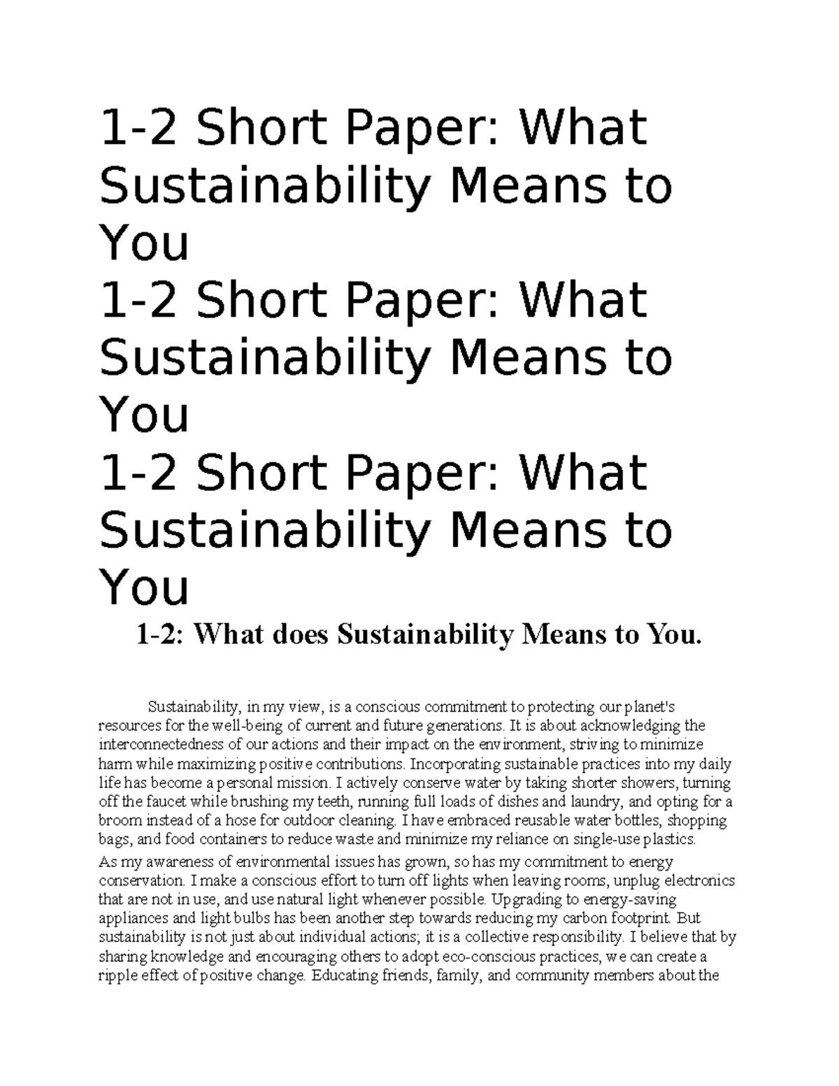 IDS150 1-2 - module 1-2 - 1-2 Short Paper: What Sustainability Means to ...