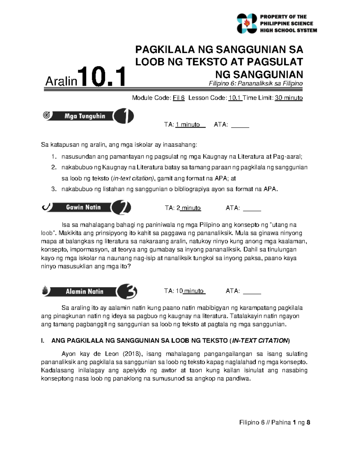 Filopino shdidi - TA: 1 minuto ATA: _____ Sa katapusan ng aralin, ang ...