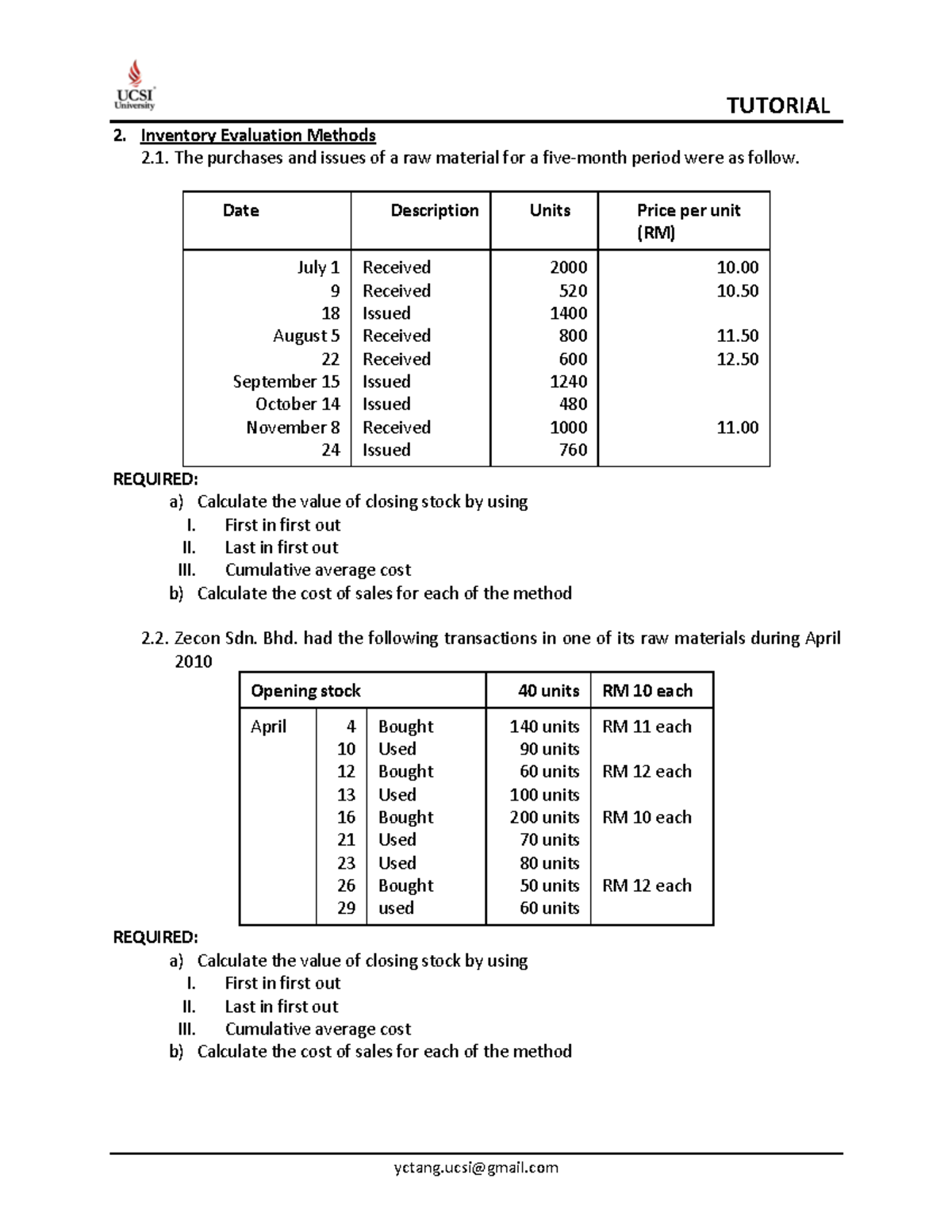 Tutorial-2-Inventory evaluation methods - TUTORIAL yctang@gmail **2 ...