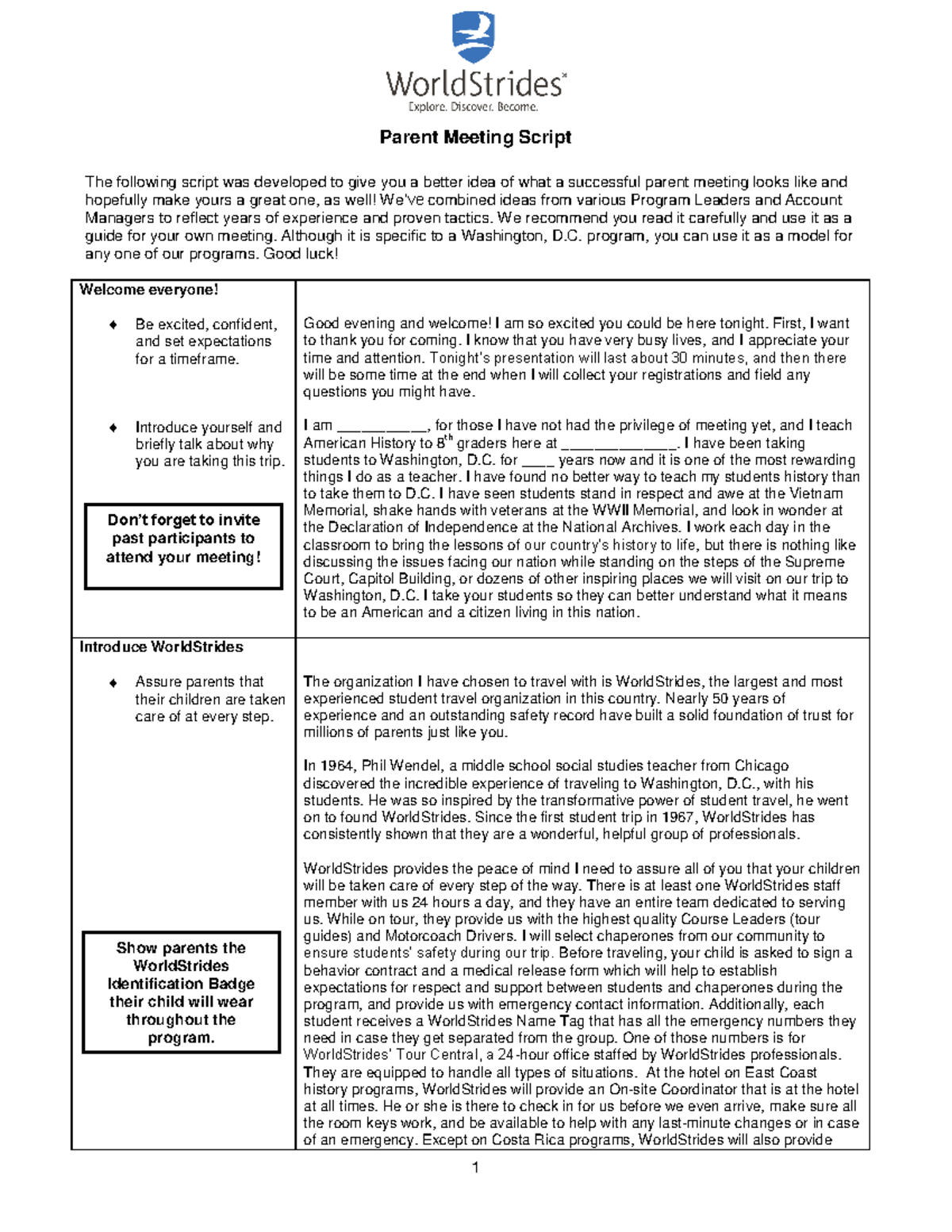 Parent Meeting Script - Reference - Parent Meeting Script The following ...